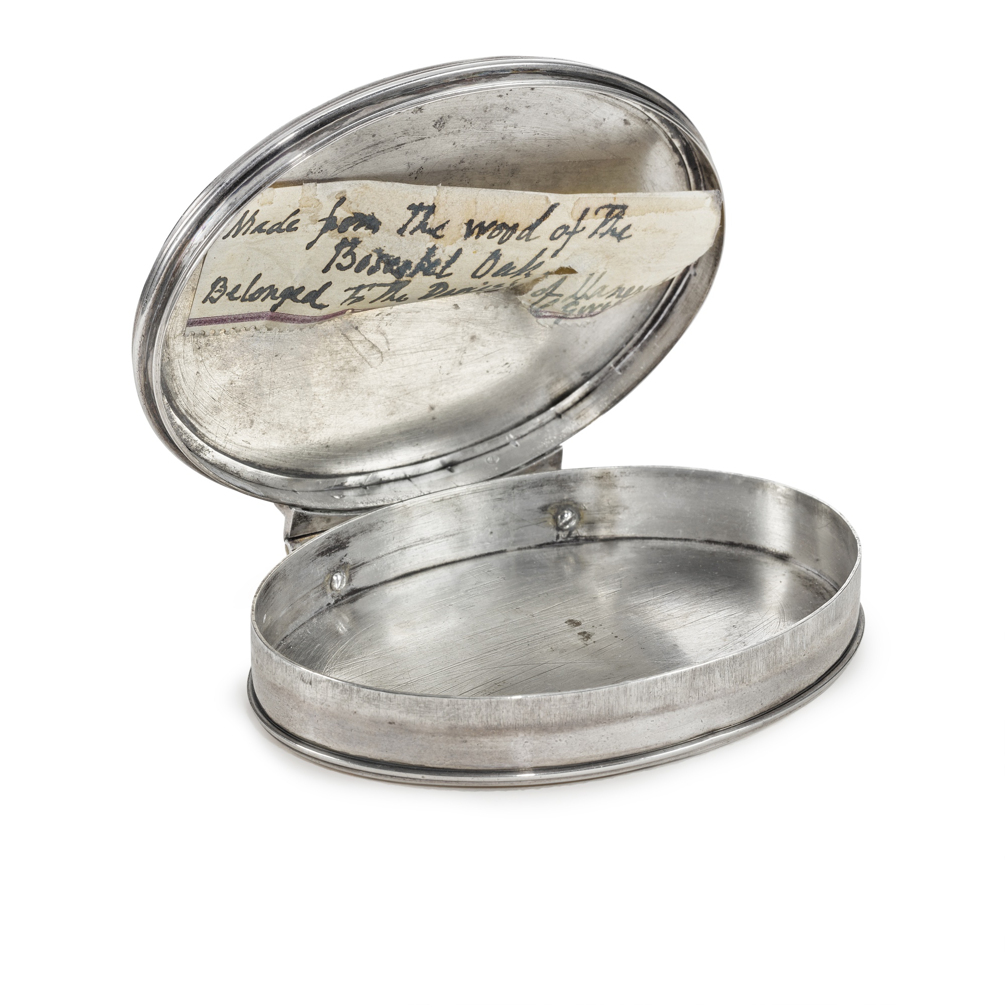 A silver-mounted Boscobel Oak snuff box, unmarked, early 18th century ...