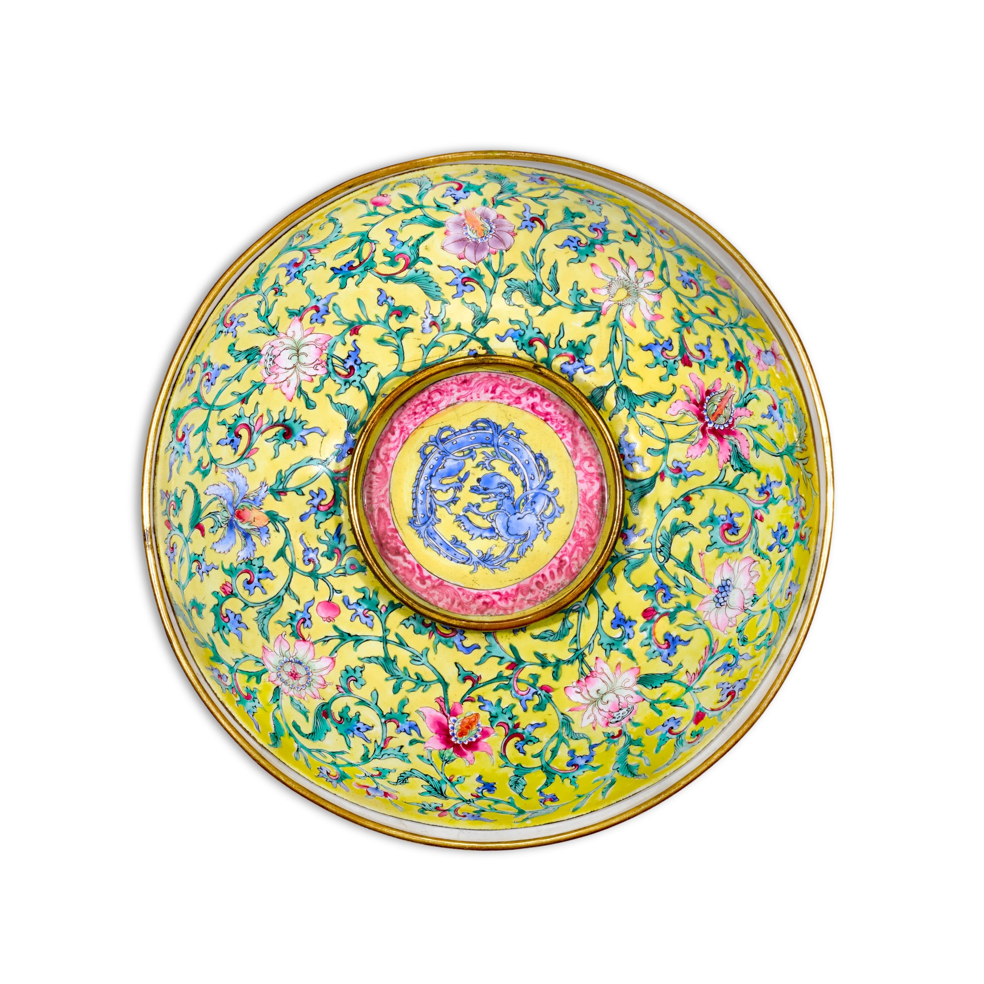 A Canton enamel yellow-ground 'floral' bowl and cover, Qing dynasty ...