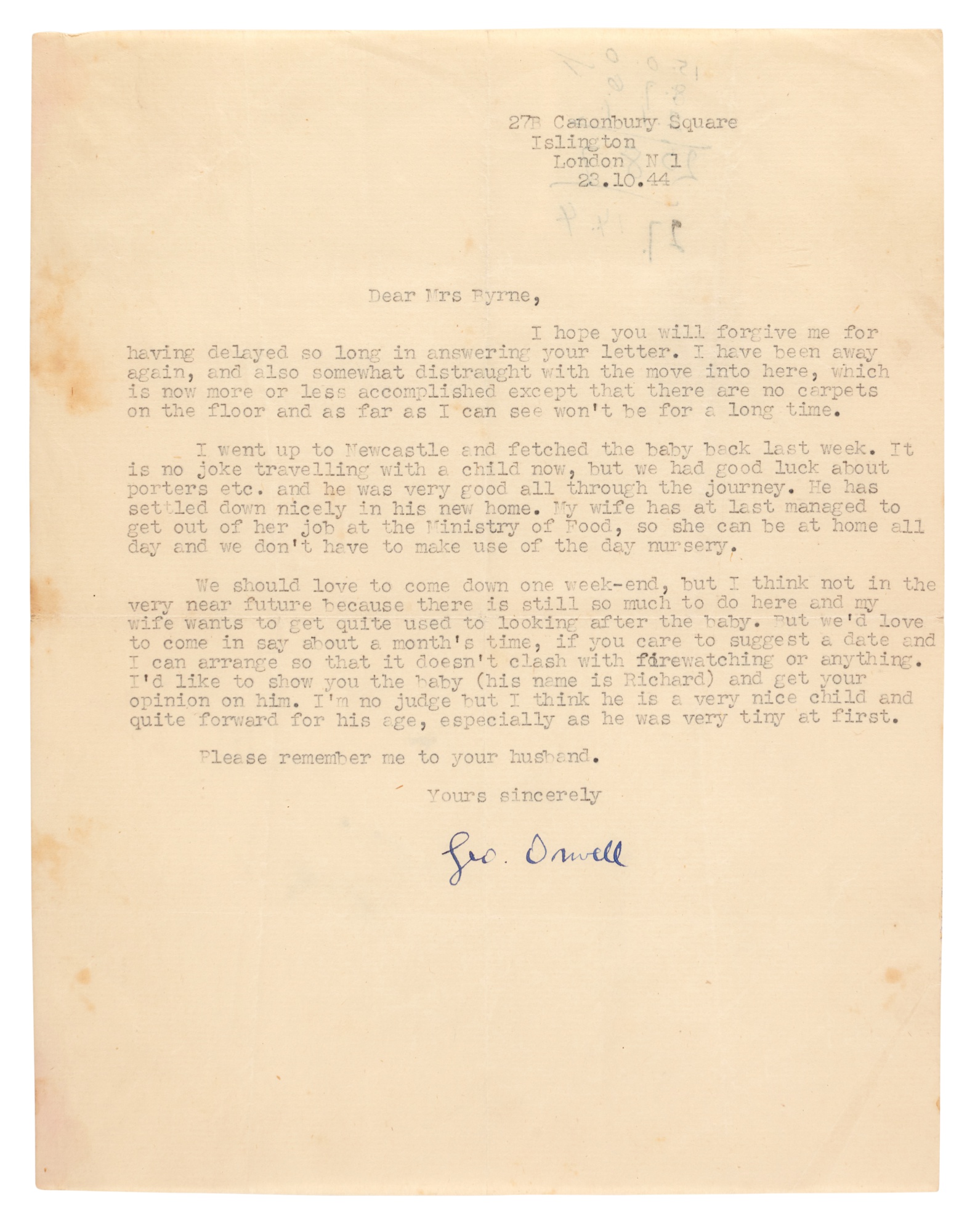 George Orwell | Typed letter signed, to Mrs Amy Byrne, on his infant ...
