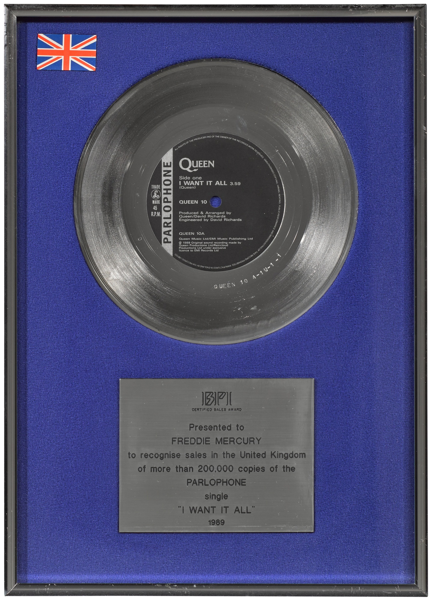 Queen – Freddie Mercury's BPI sales award for 'I Want It All' | Freddie ...