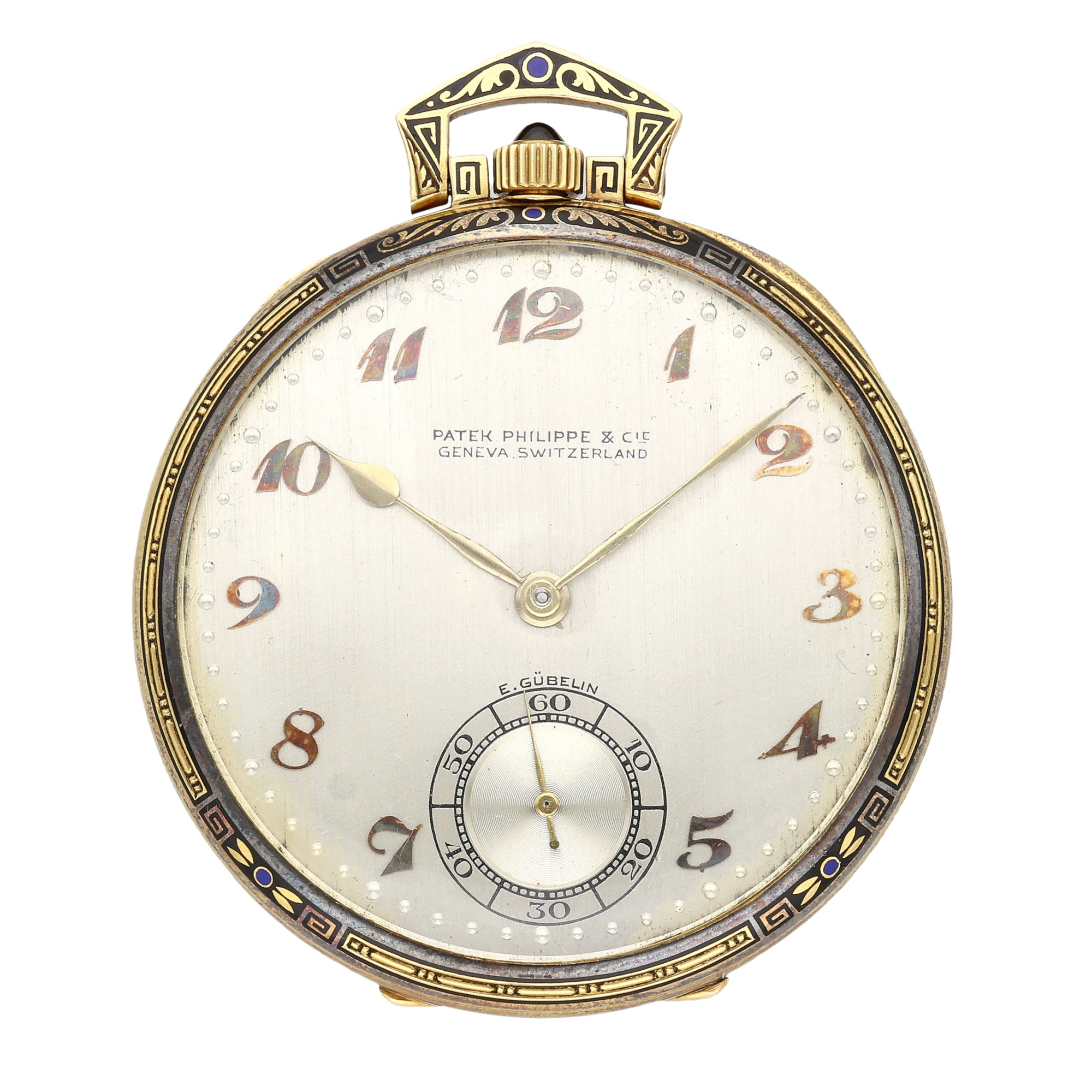 Retailed by E Gubelin: A yellow gold and enamel open faced watch, Circa ...