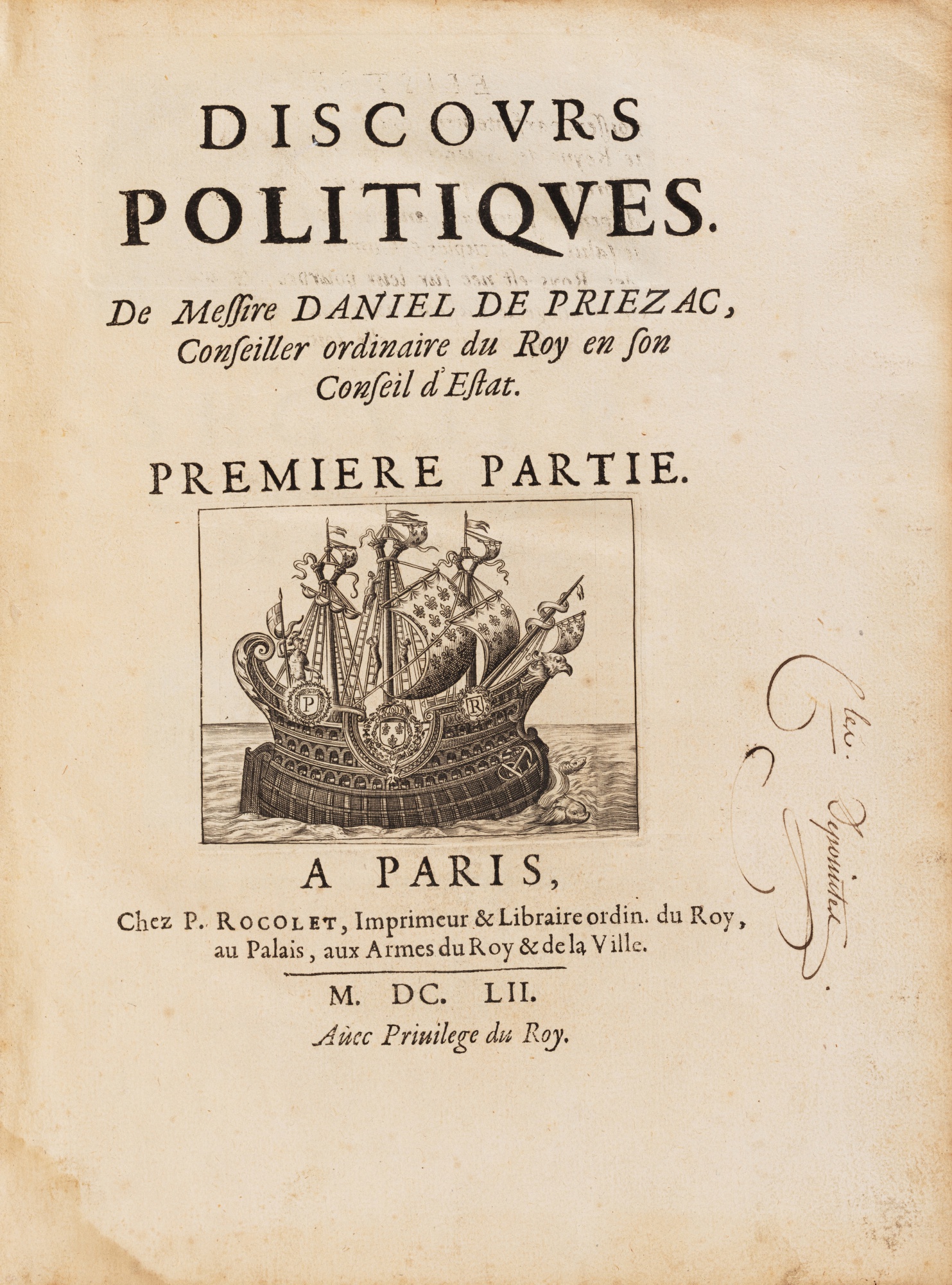 Discours politiques. Paris, 1652. Ex. aux armes du chancelier Séguier ...