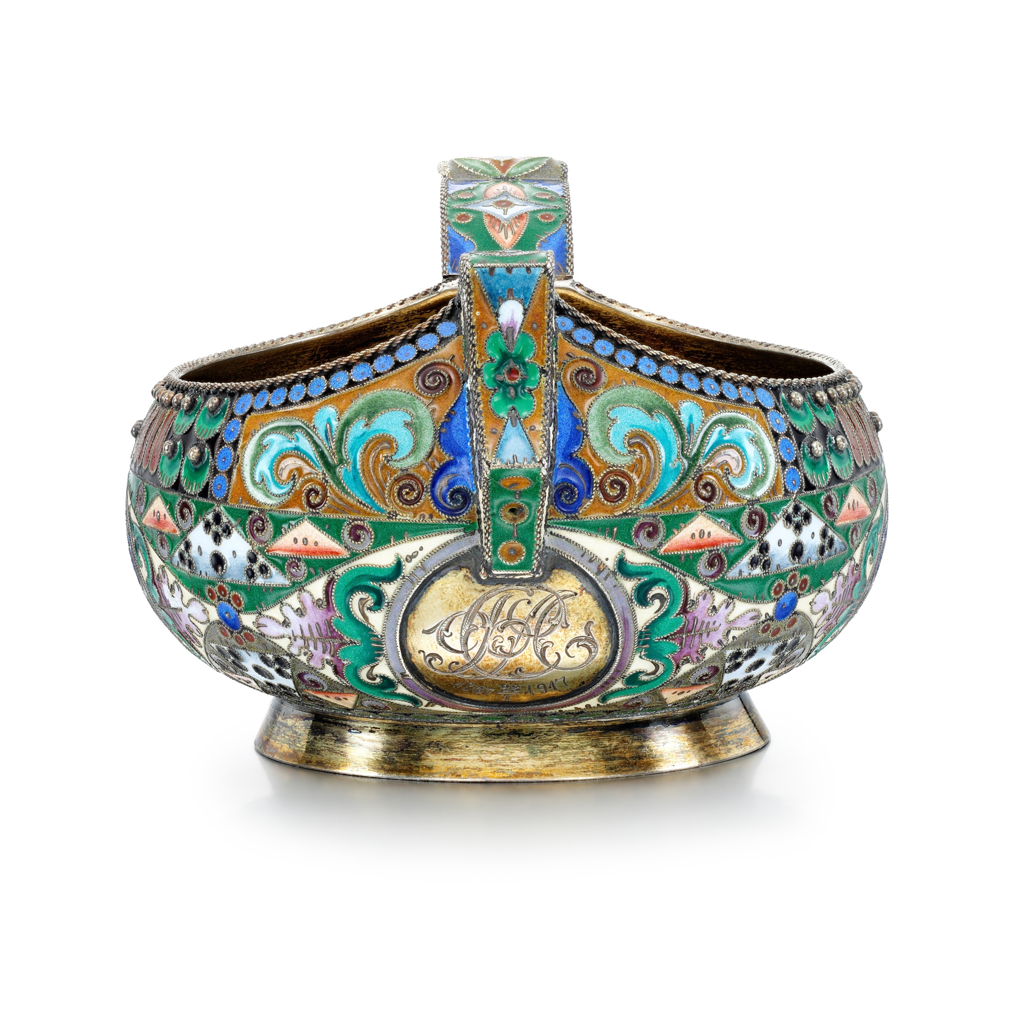 A silver-gilt and cloisonné enamel kovsh, Khlebnikov probably ...