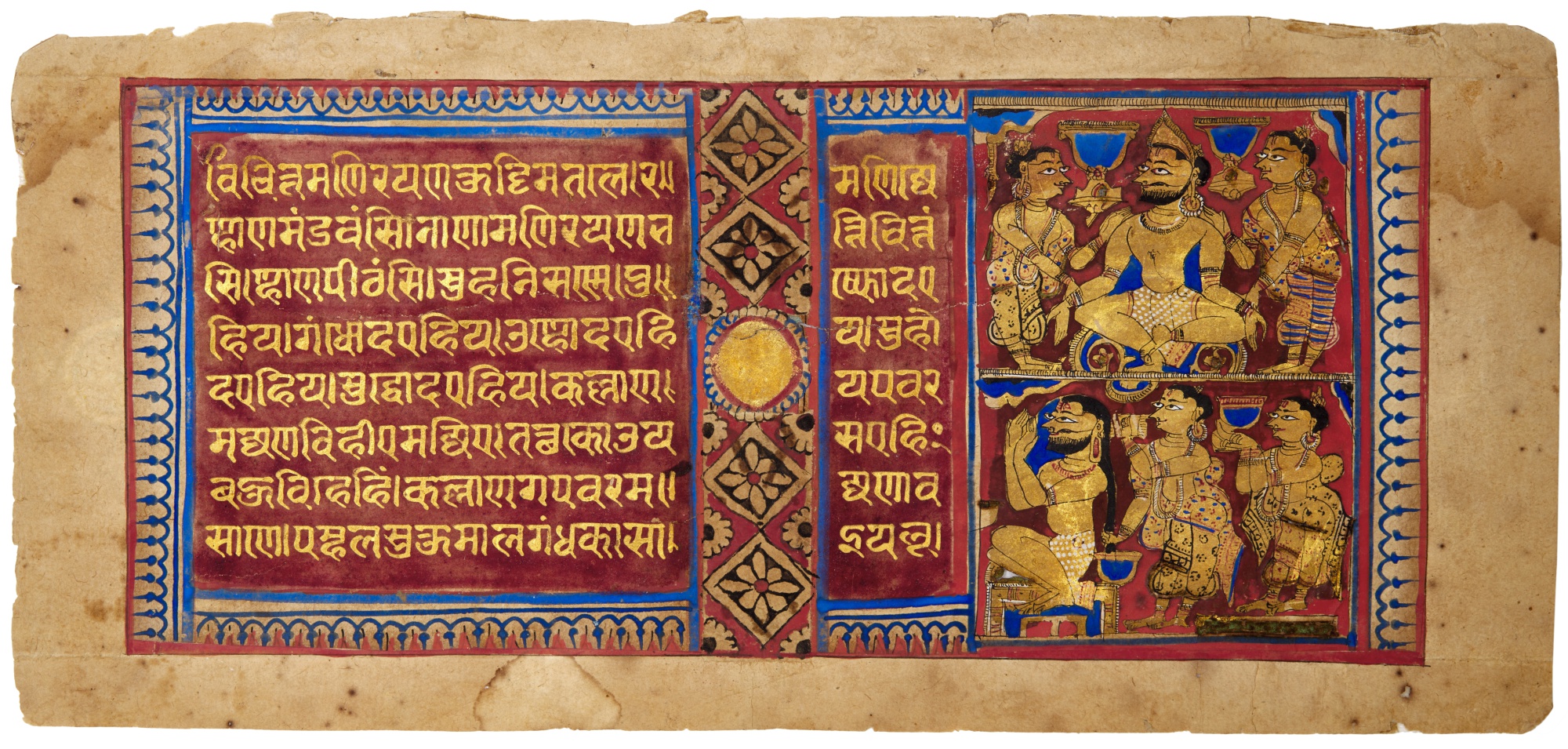 An illustration from a Kalpasutra manuscript: King Siddhartha at his ...