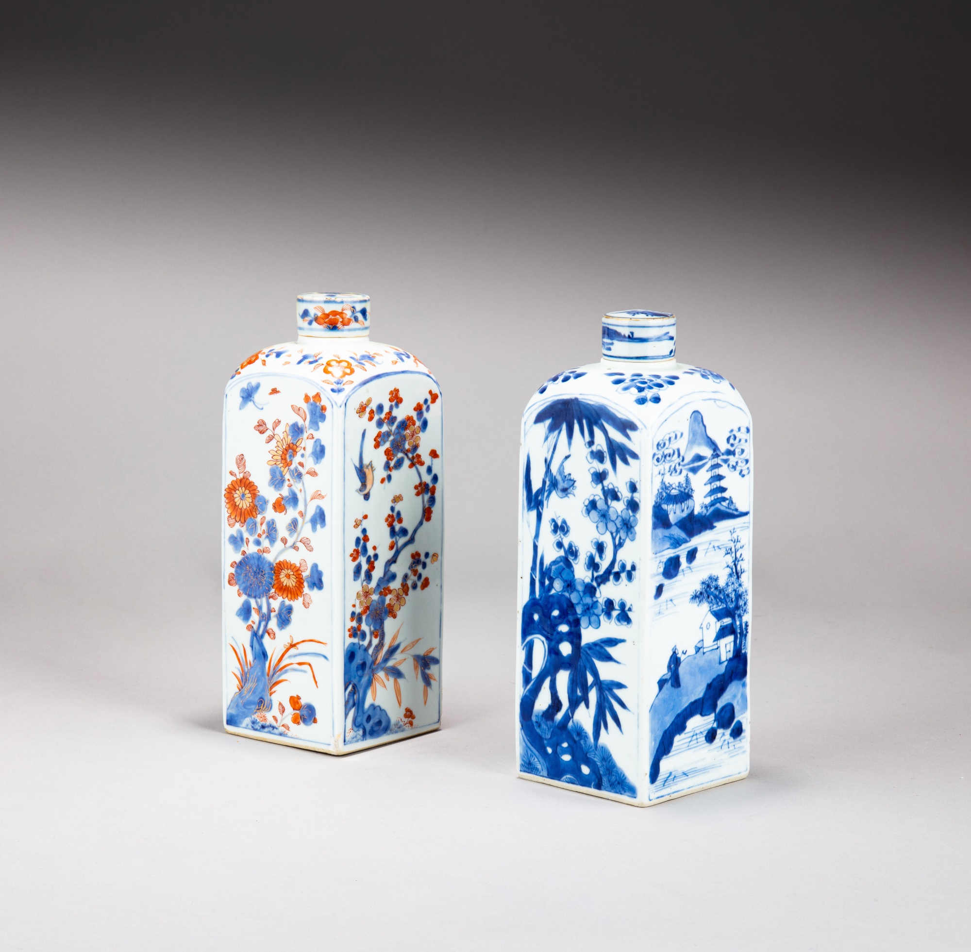 An Imari square-form bottle and cover and a blue and white square-form ...