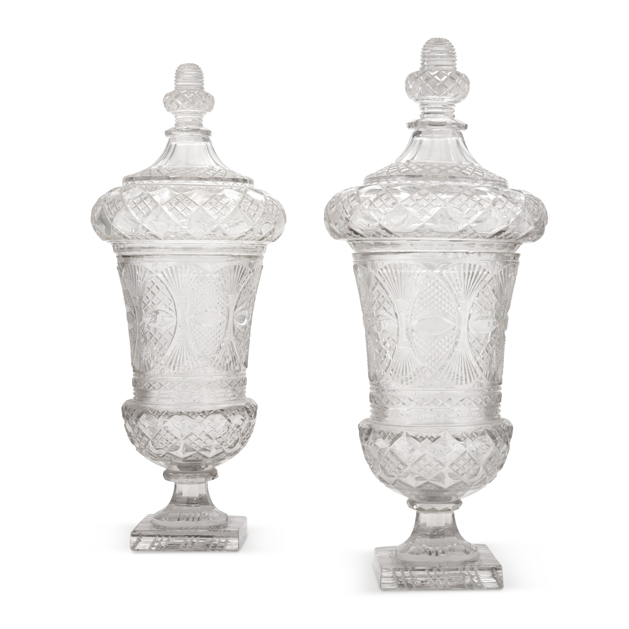A pair of Continental large glass urns and covers, mid-19th century ...