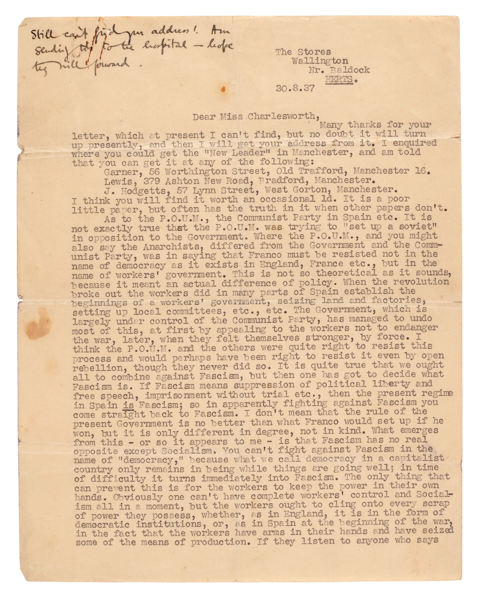 George Orwell | Typed letter signed, to Miss Amy Charlesworth, on ...