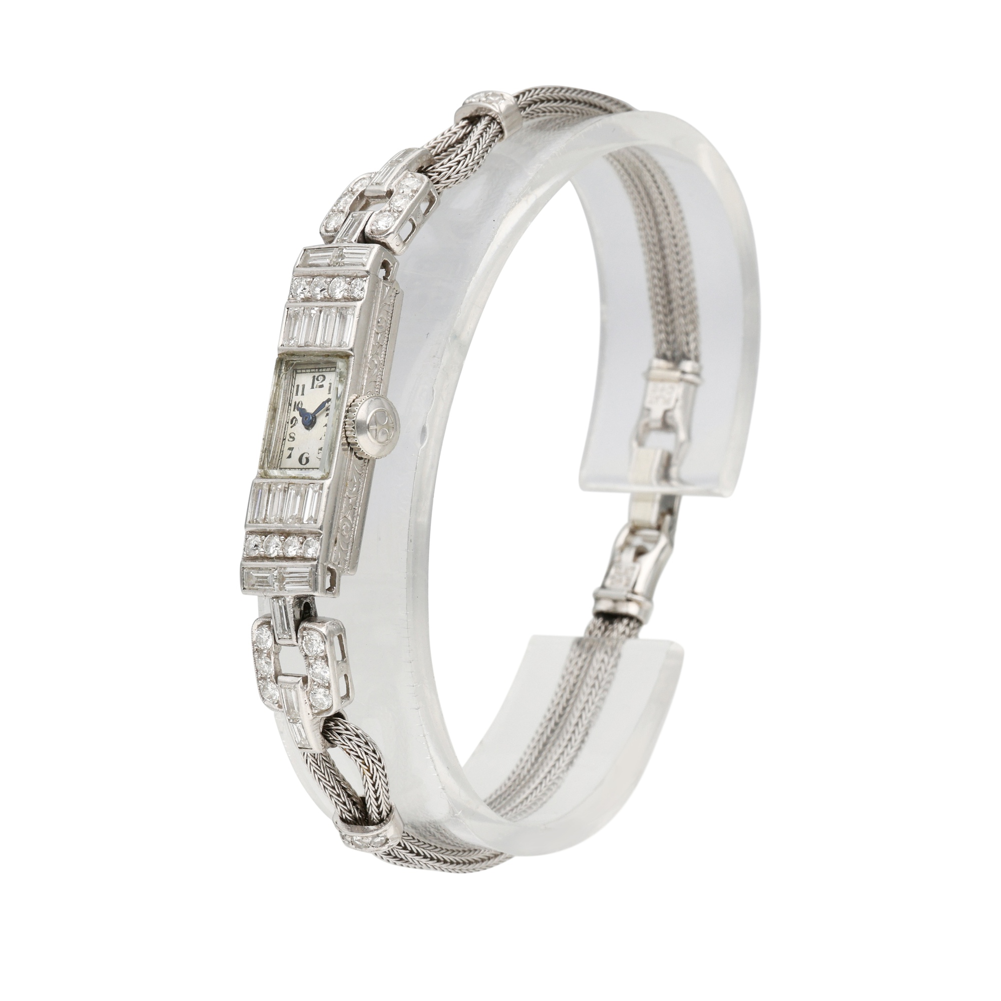 A platinum and diamond-set bracelet watch with contract case, Circa ...