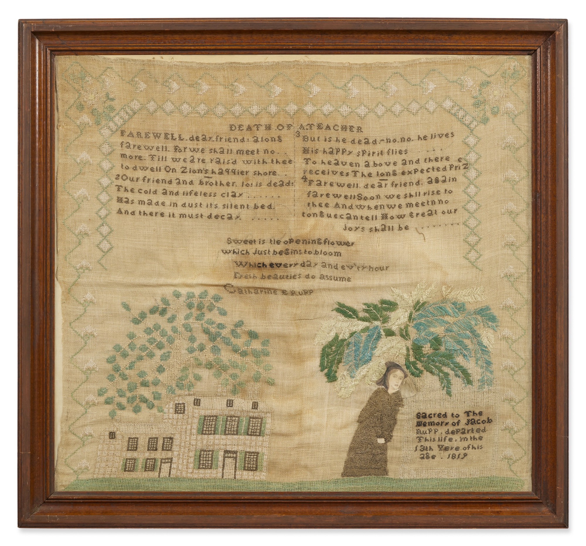 Embroidered and Painted Needlework Mourning Picture: In Memory of Jacob ...