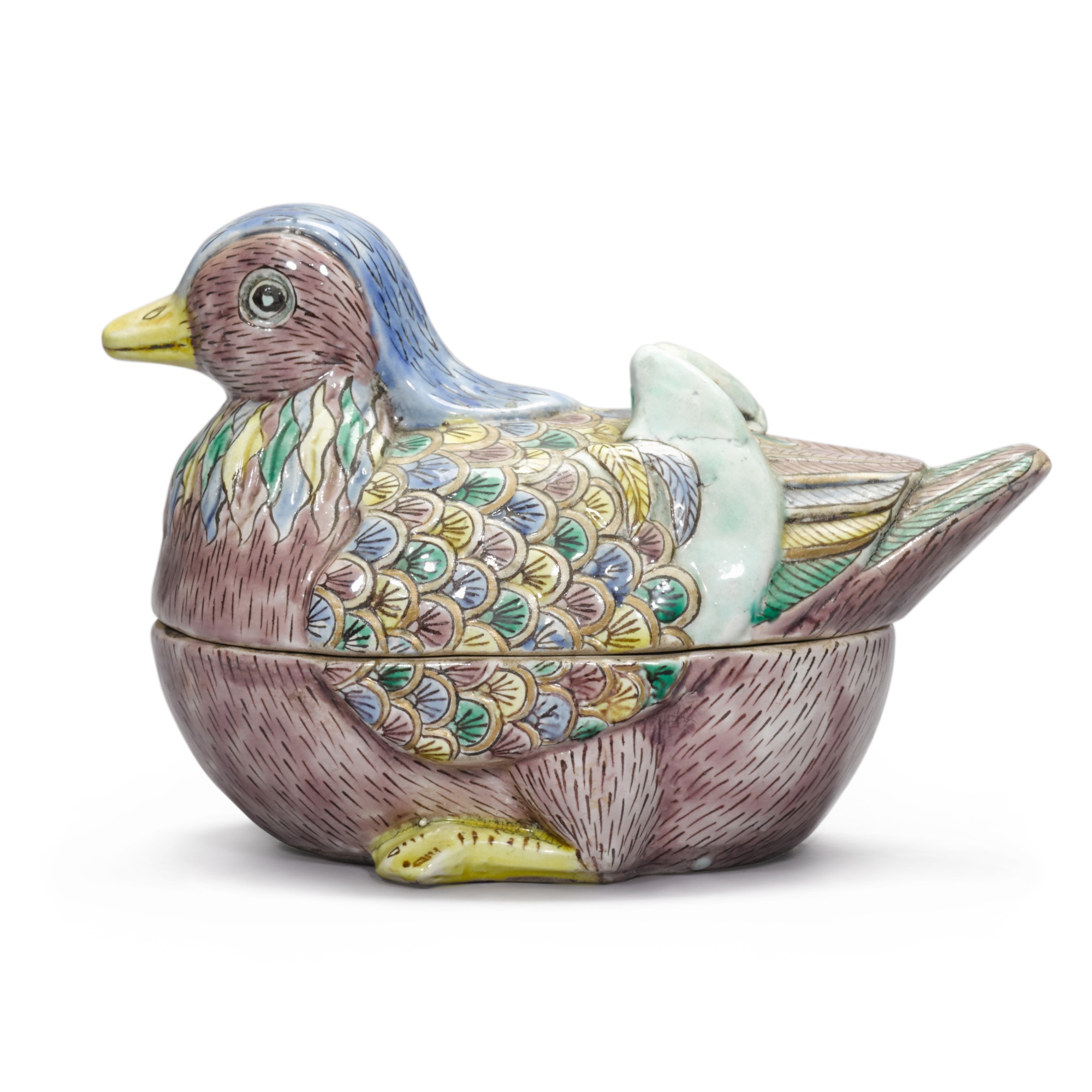 A Chinese export enamelled duck-form tureen and cover Qing dynasty ...
