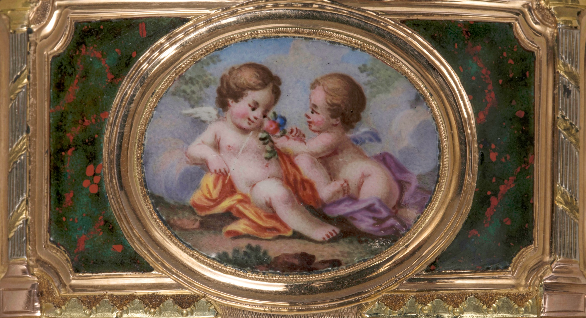 A jewelled three-colour gold and enamel snuff box, probably Geneva ...