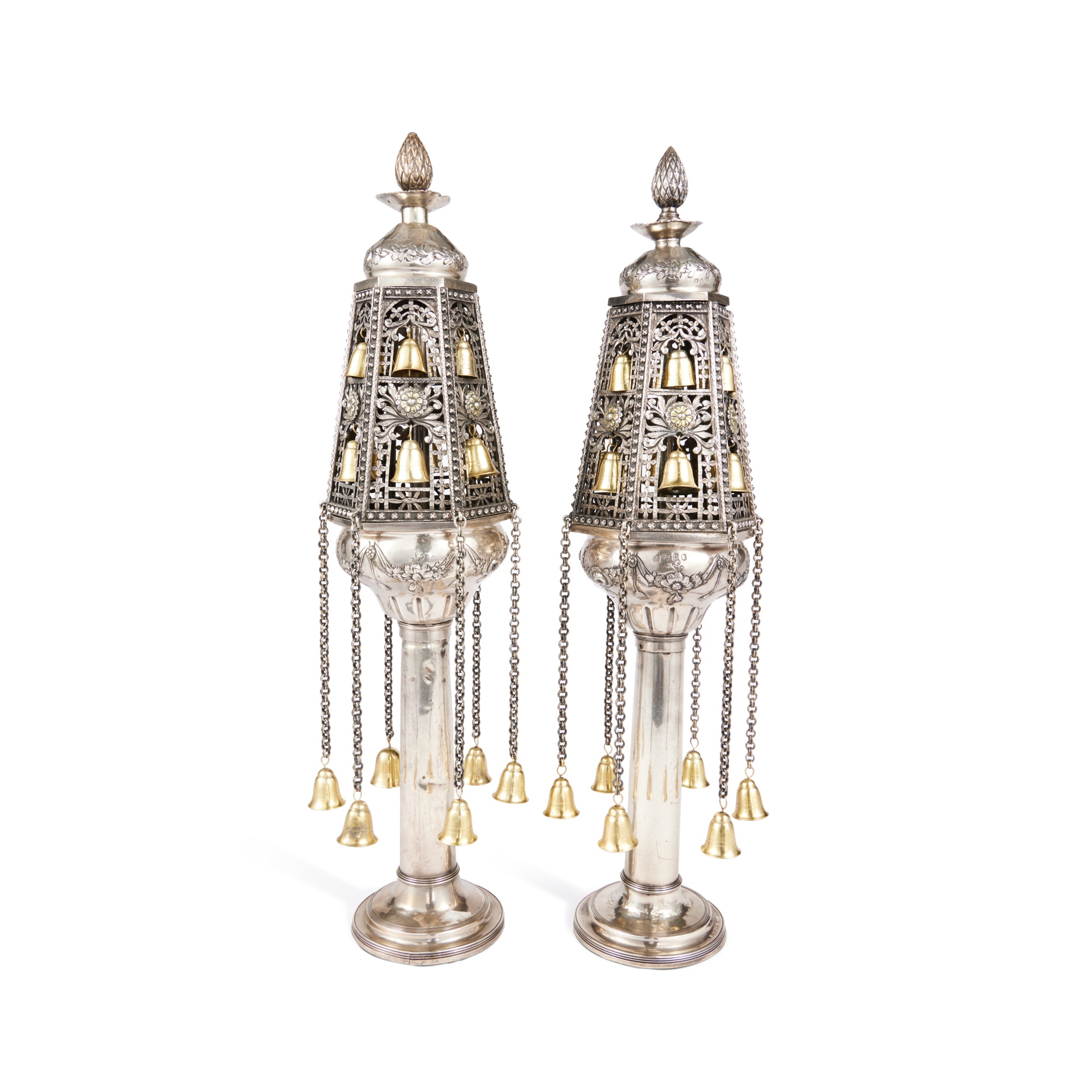 A Pair of Large English Parcel-Gilt Silver Torah Finials, George Smith ...
