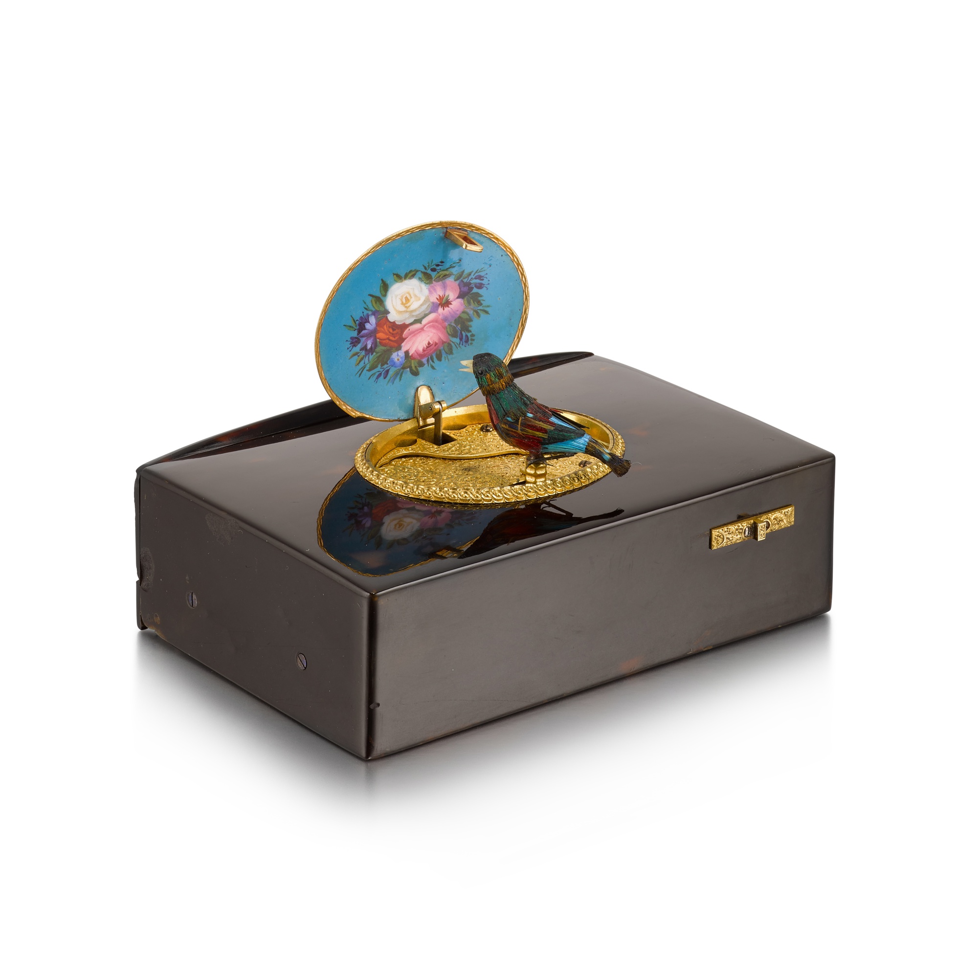 A gold, silver-gilt, enamel, ivory and tortoiseshell singing bird box ...