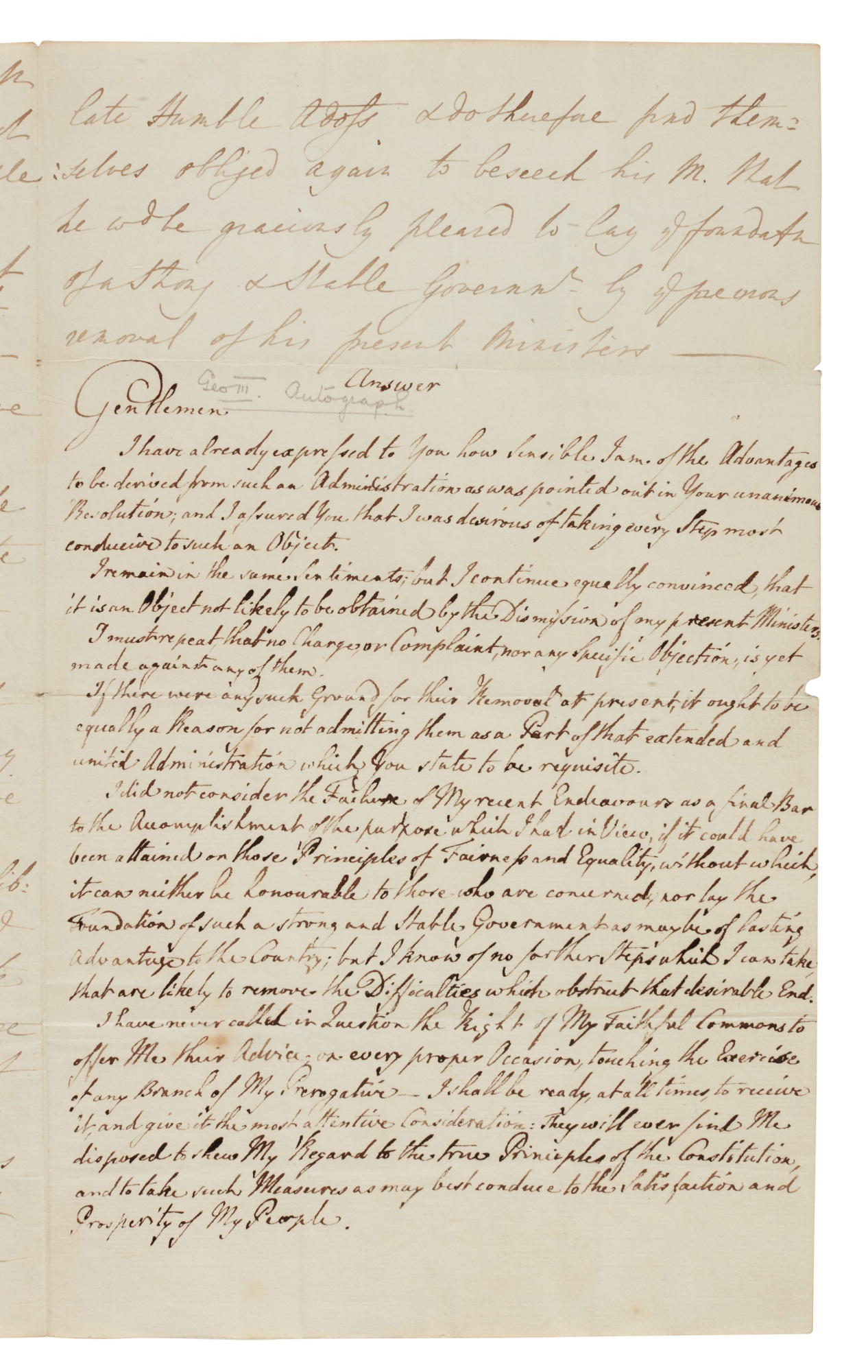 King George III | Autograph manuscript answer to a submission demanding ...