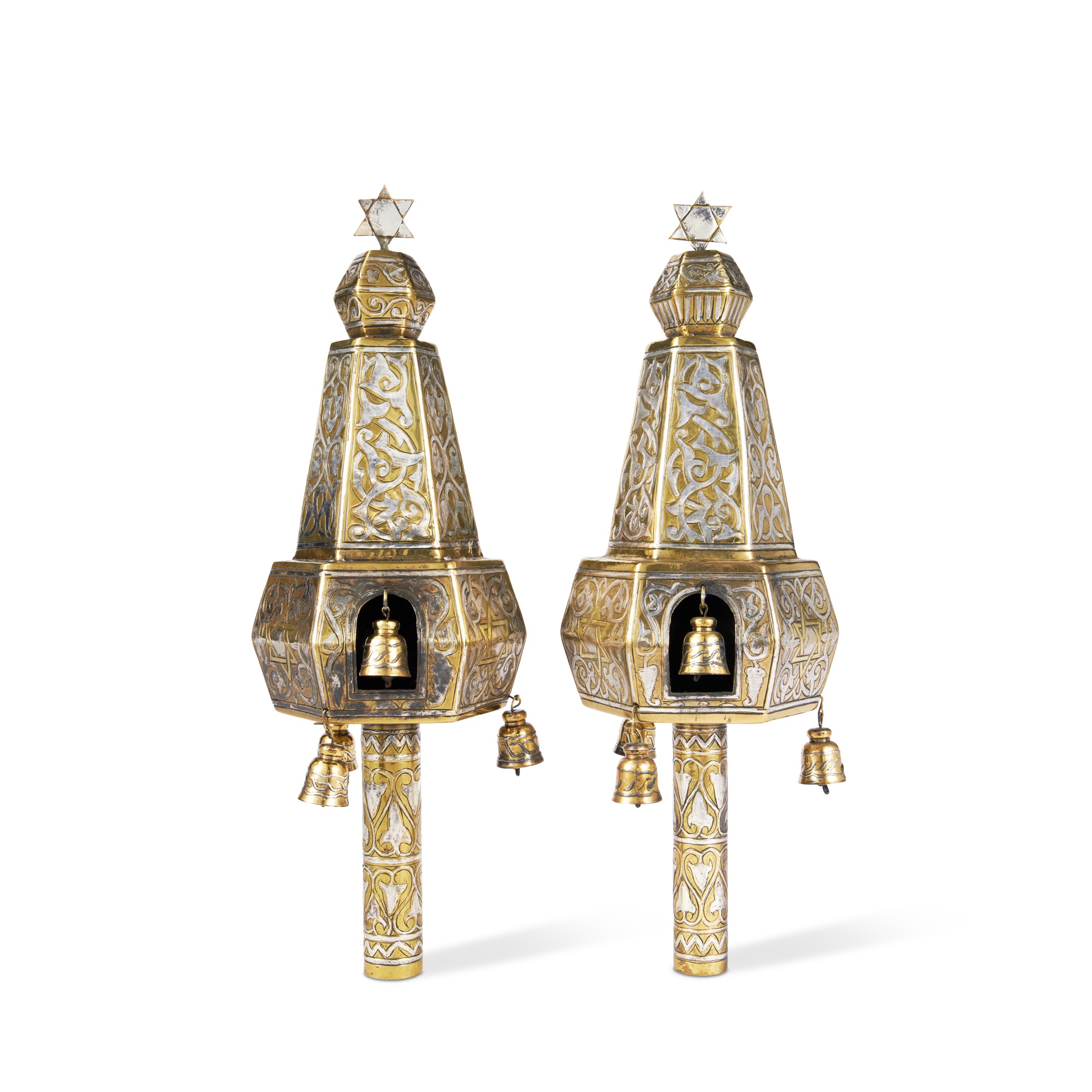 A Pair of Silver Damascened Brass Torah Finials, Probably Syrian, Early ...