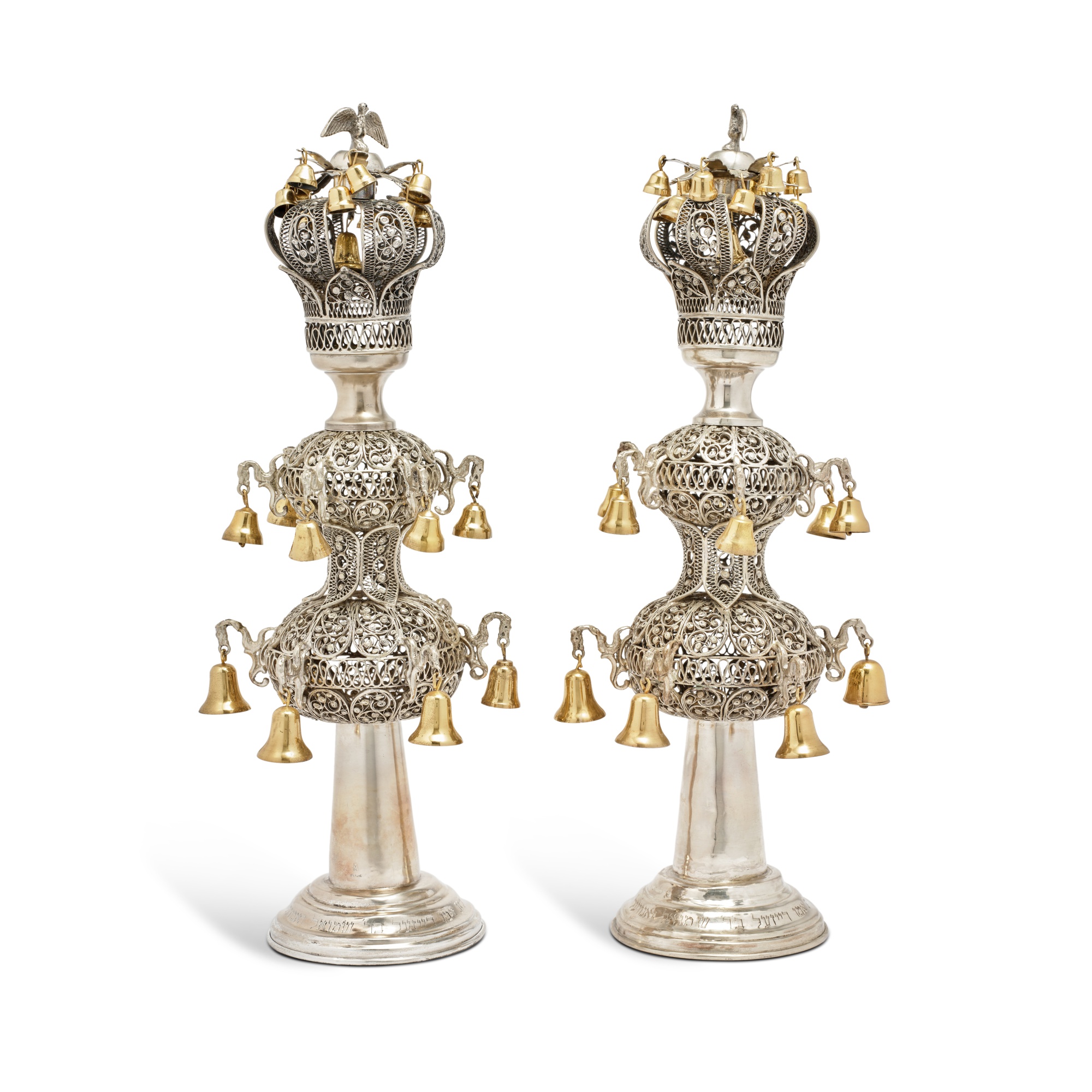 A Pair of Large American Silver and Part-Filigree Torah Finials, 20th ...