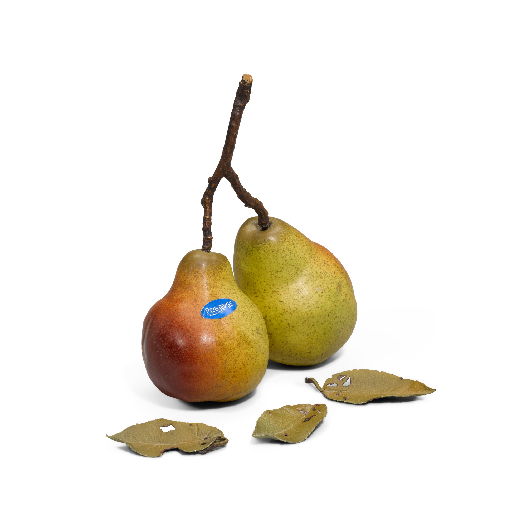 A ceramic and cold-painted metal model of pears on a stem by Penkridge ...
