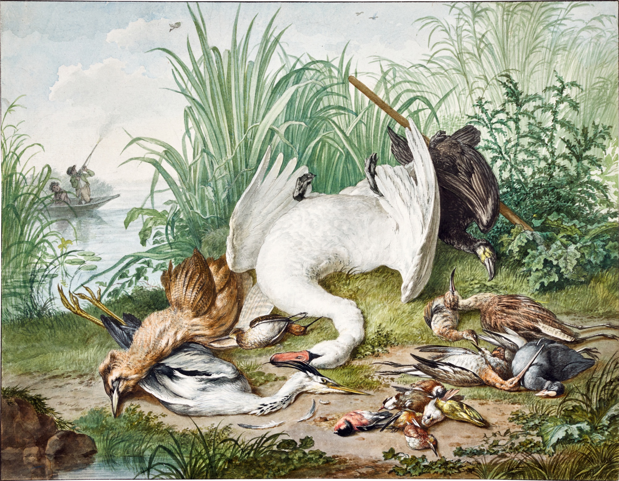 Still life with a dead swan, heron and other wildfowl, two hunters in a ...