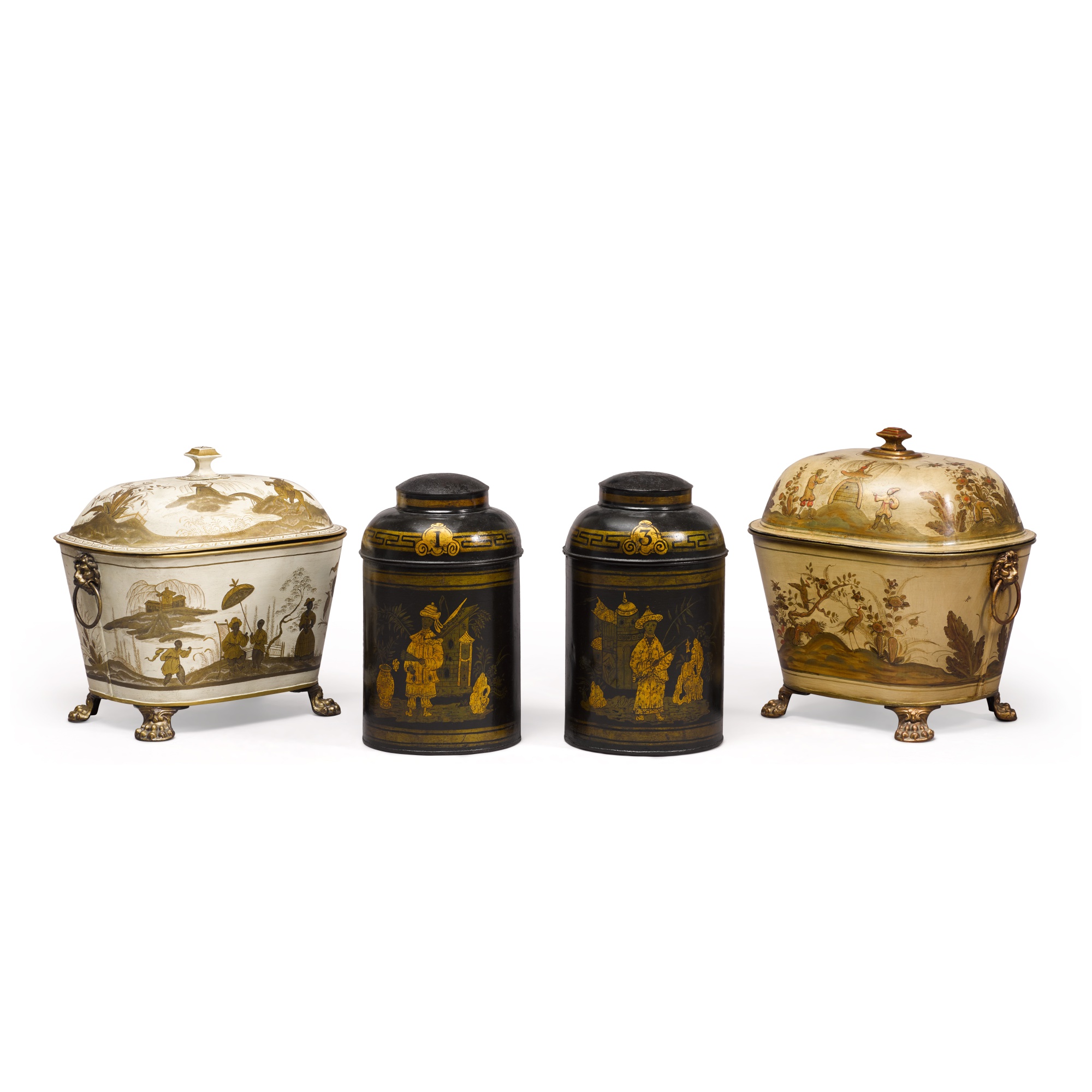 Two Regency cream and gilt painted tin coal bins together with a pair ...