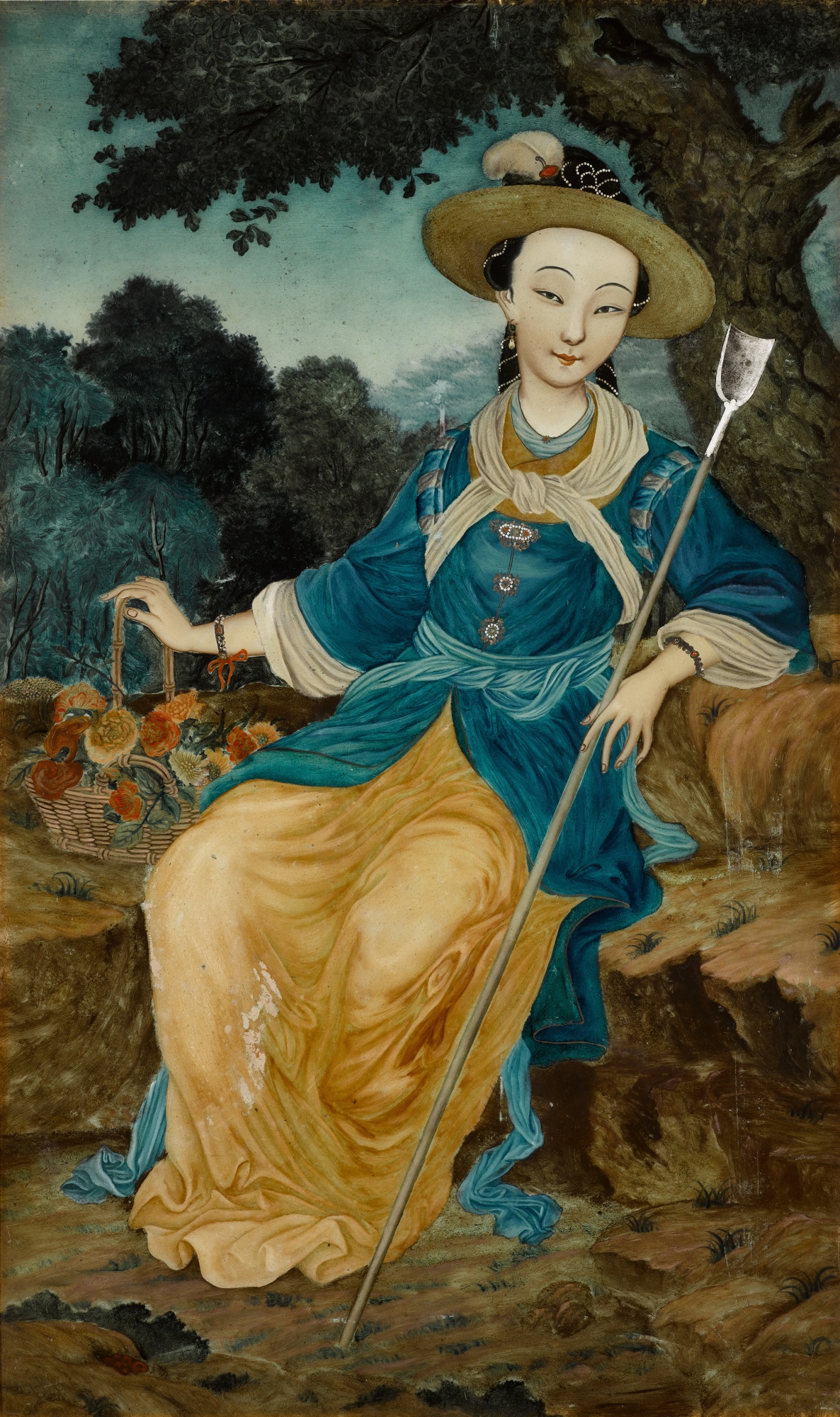 A large Chinese vertical reverse painting on glass, 18th century ...