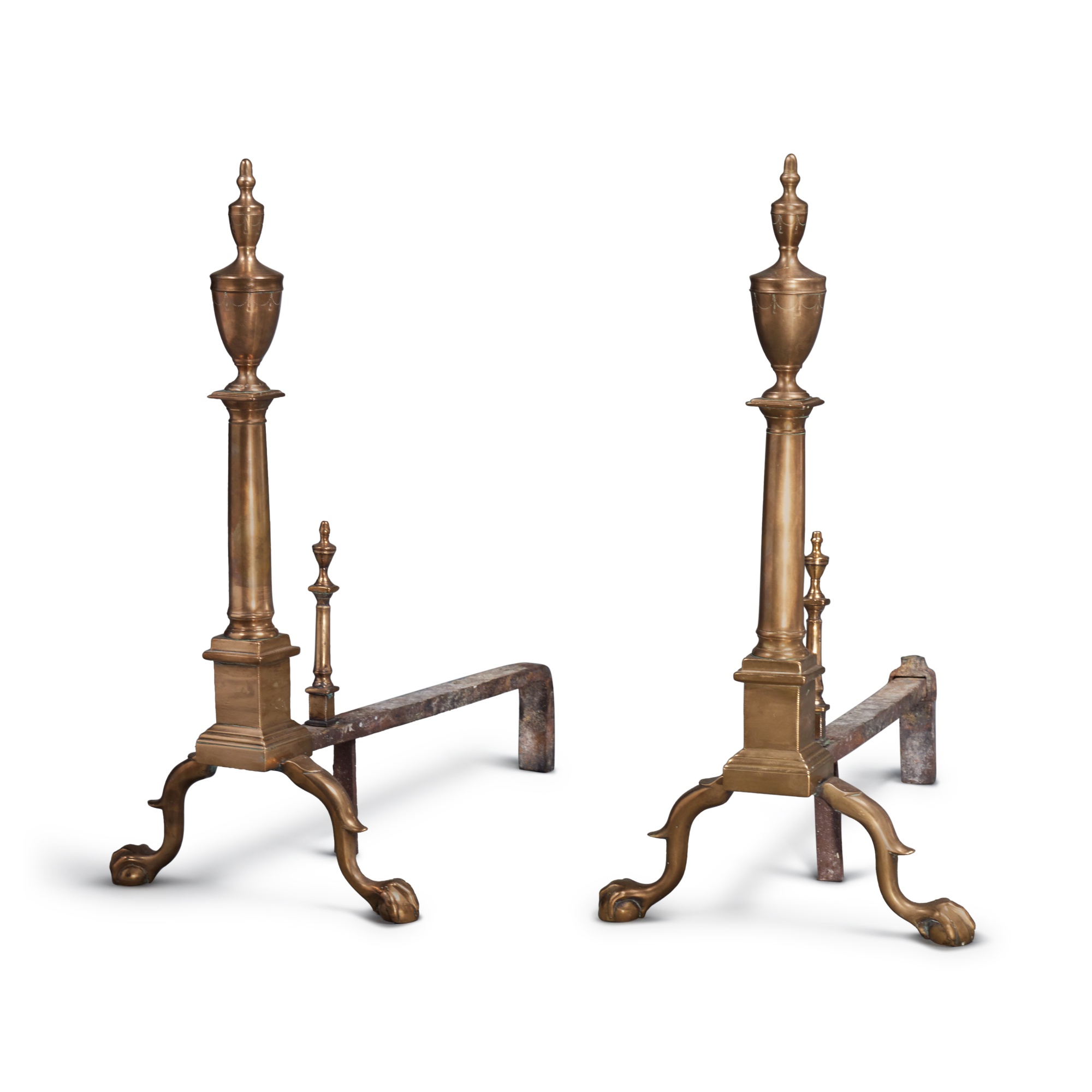 Very Fine Pair of Chippendale Cast-Bell Metal and Wrought-Iron Andirons ...