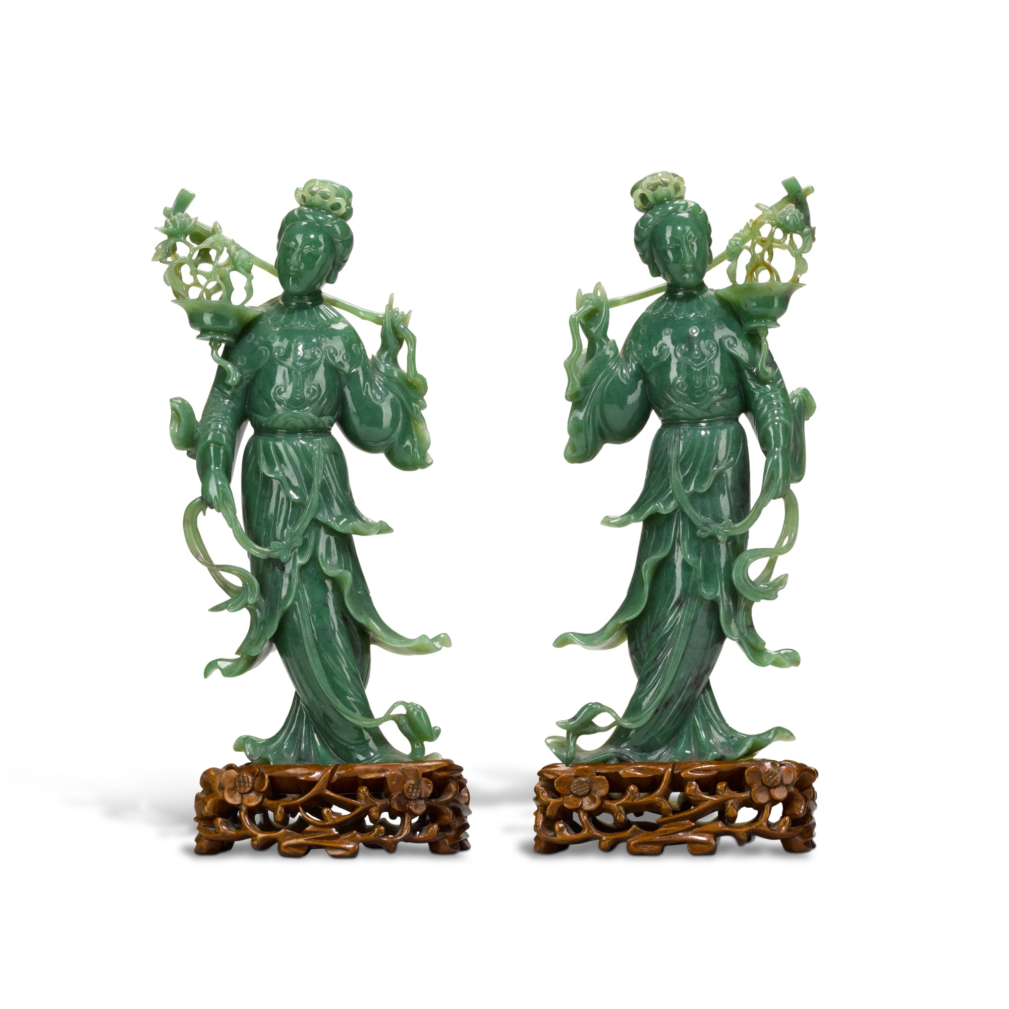 A pair of spinach-green jade figures of ladies, 19th/20th century | 十九 ...