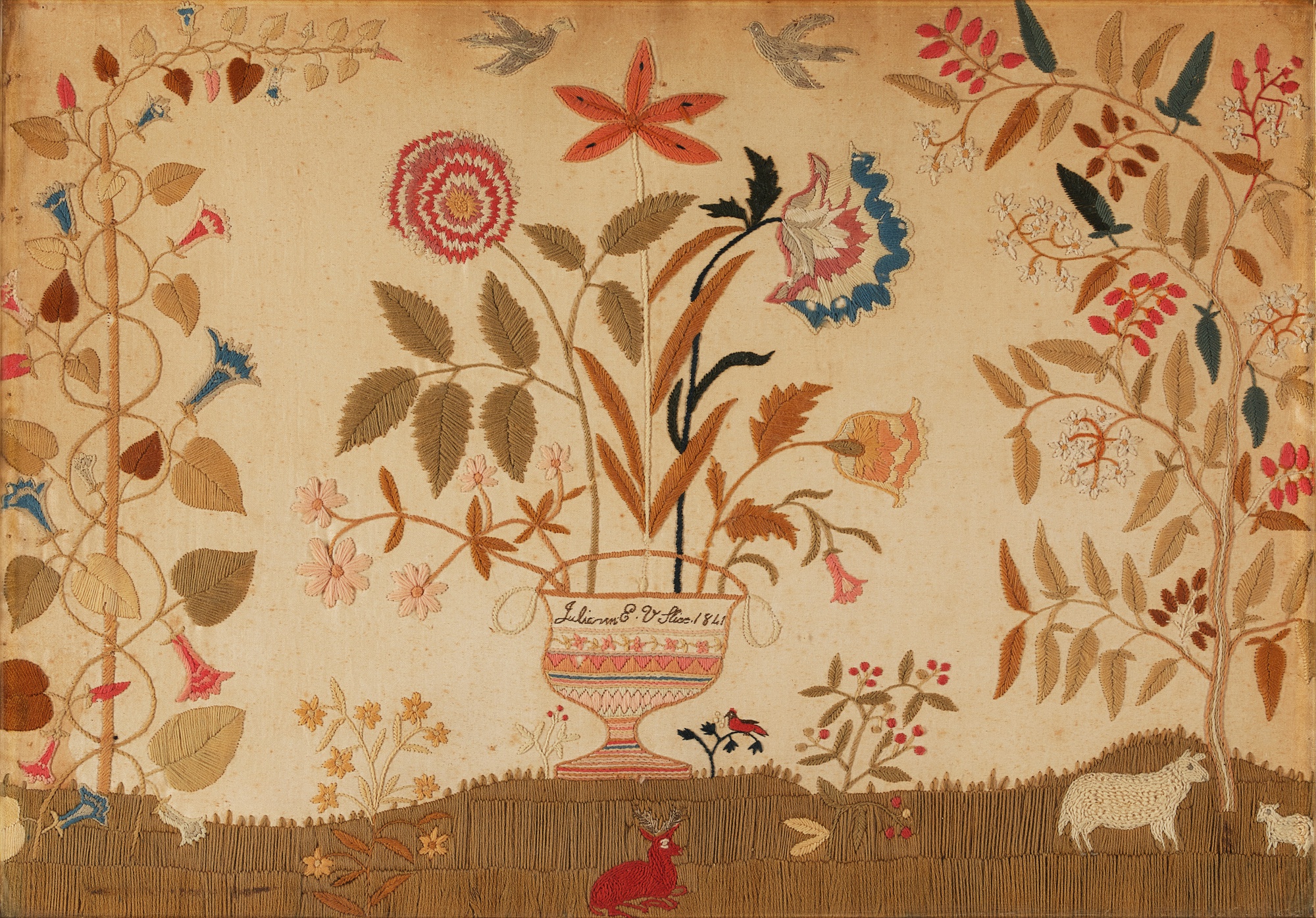 American Crewelwork of a Flowering Urn with Birds and Animals, Wrought ...