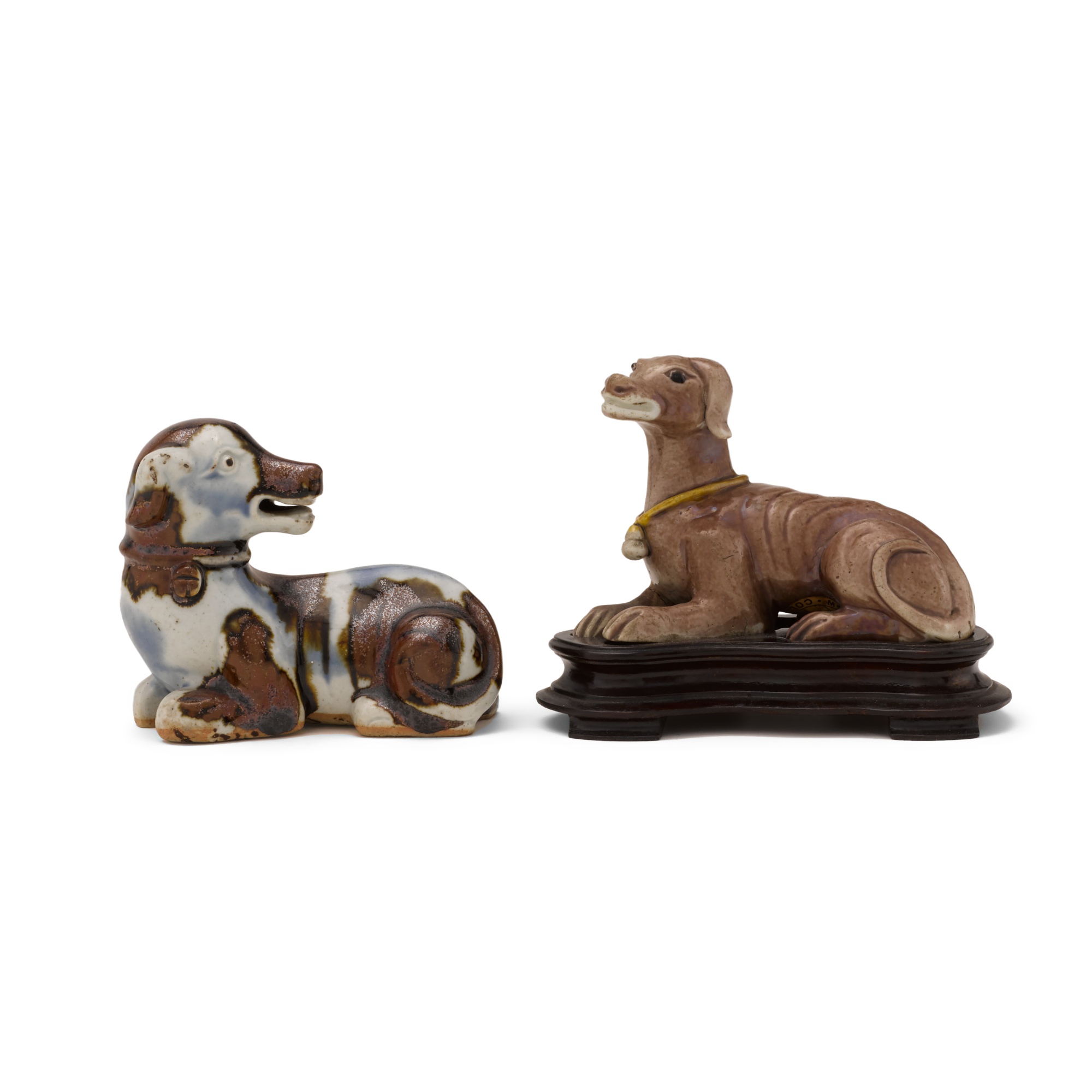 Two Chinese export enamelled figures of hounds Qing dynasty, Kangxi ...