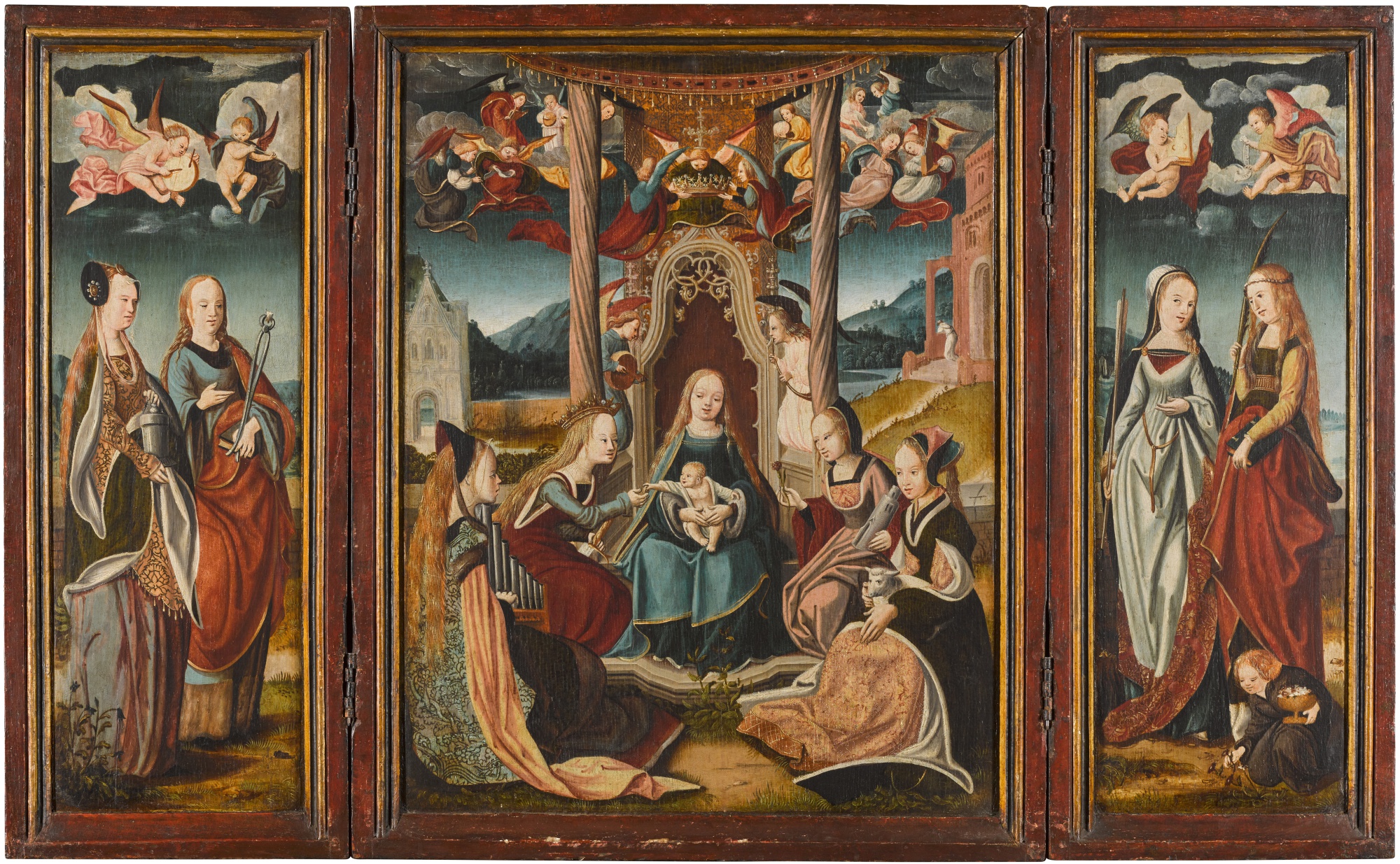 A triptych: The Virgin and Child enthroned, surrounded by female saints and angels | Old Master ...