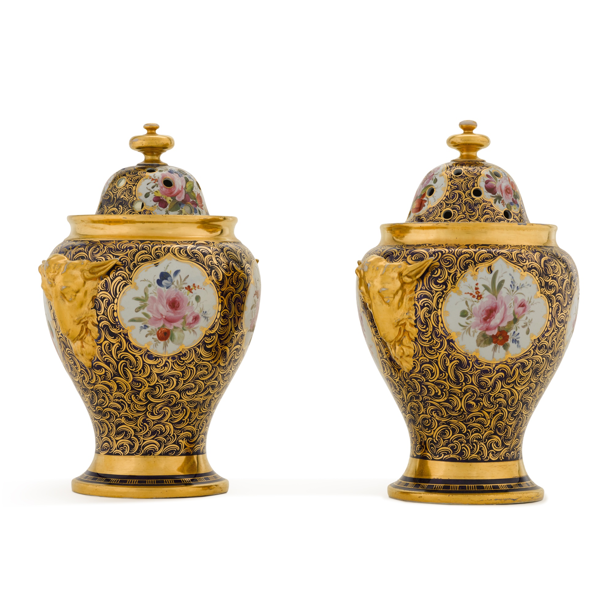 A pair of Mason's Patent Ironstone dark-blue-ground pot-pourri vases ...