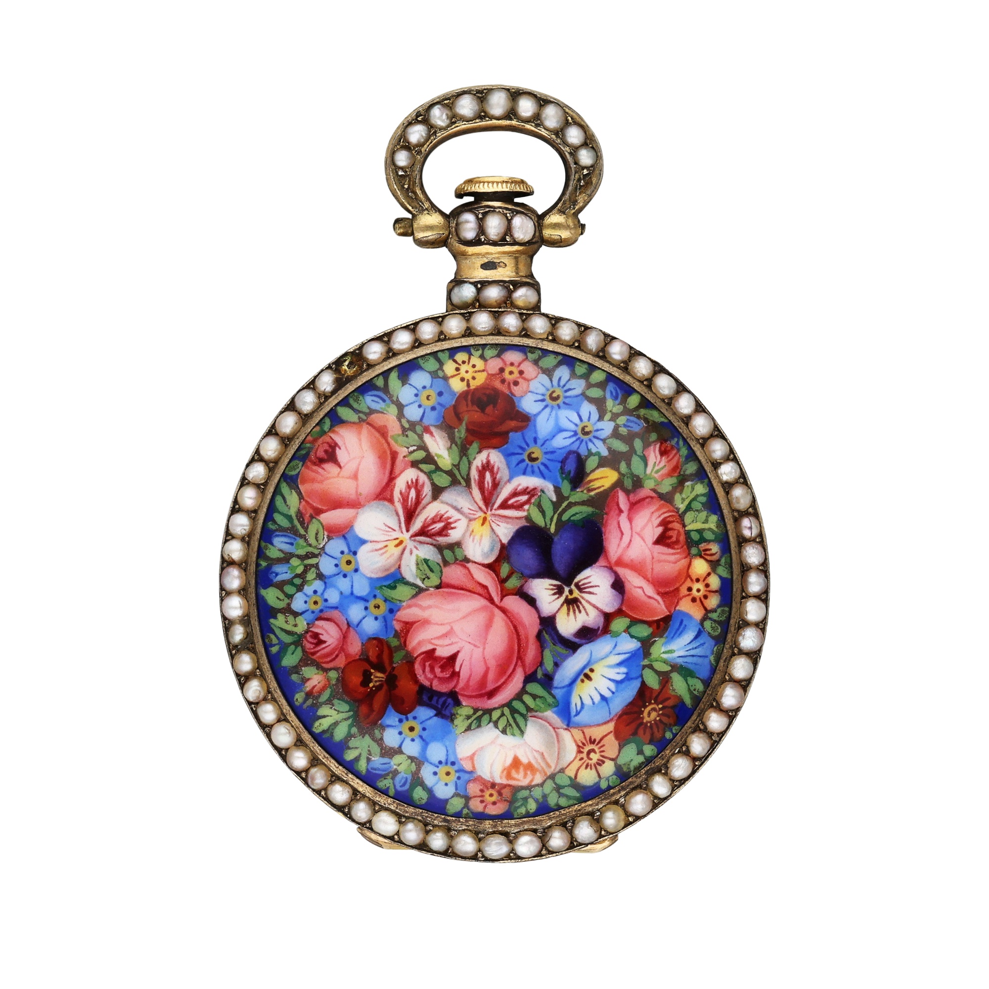 A silver gilt, enamel, and split pearls open-faced watch made for the ...