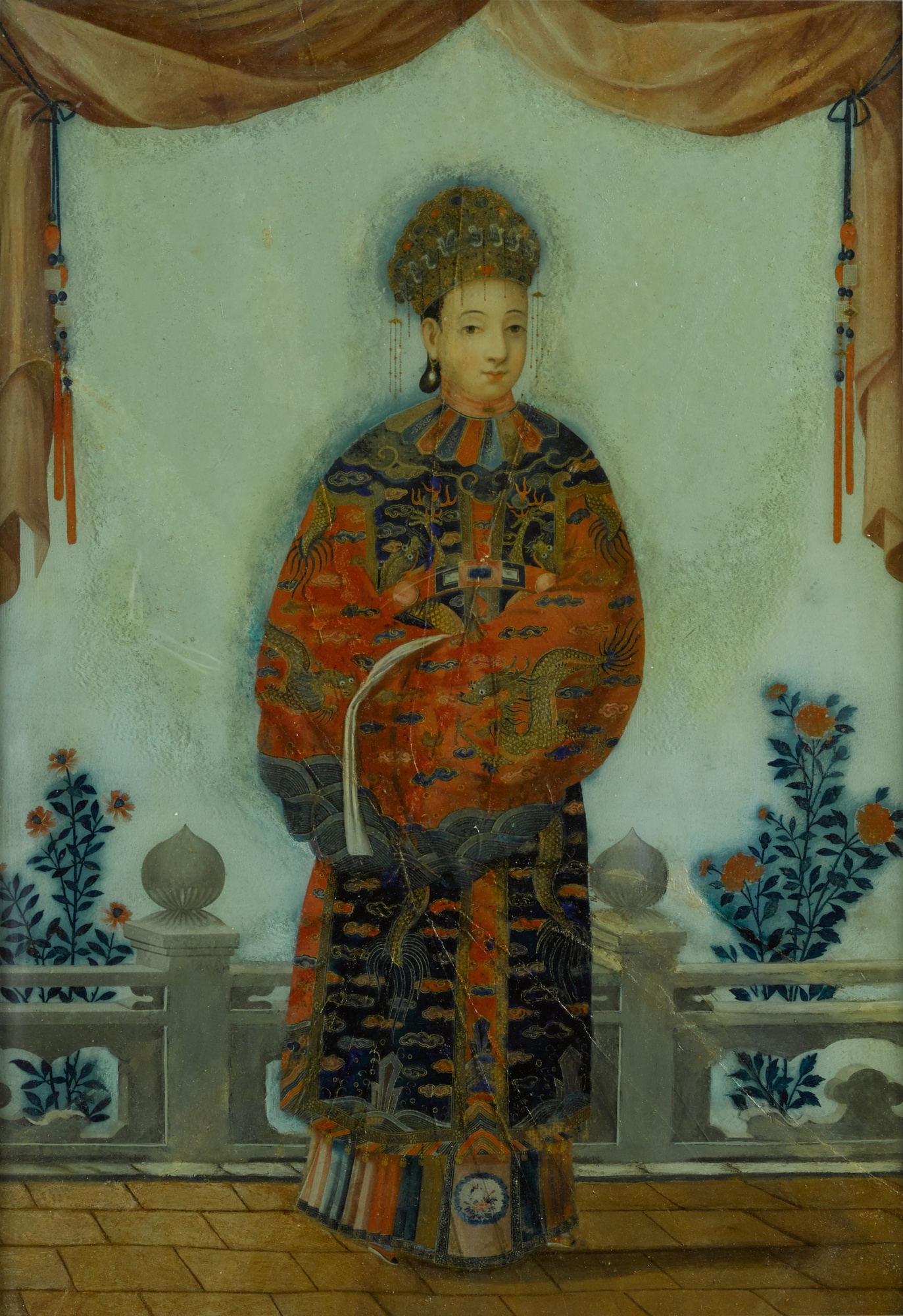 A Chinese school reverse glass painting of a seated dignitary and a piebald horse, 19th century ...
