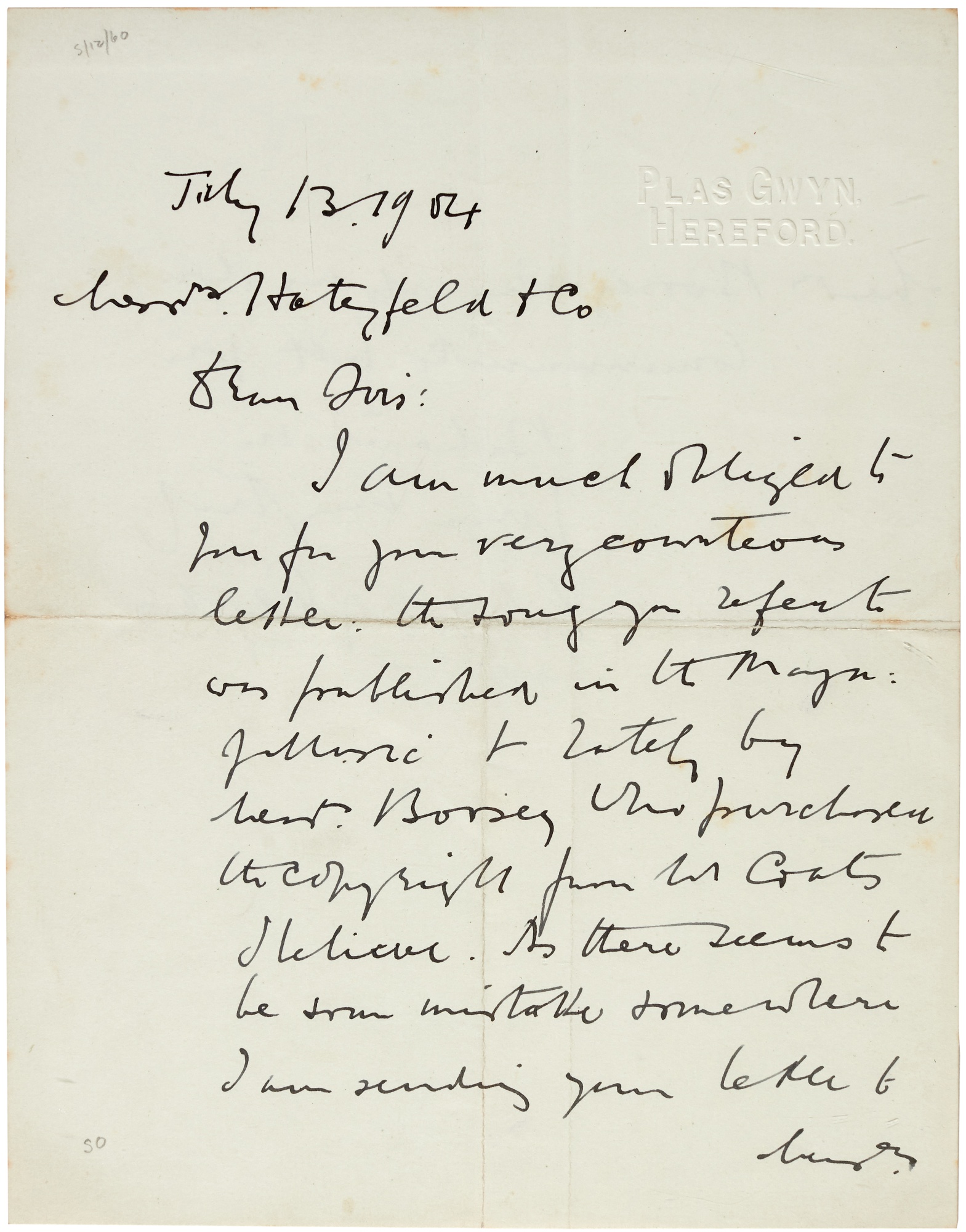 E. Elgar. Autograph letter signed to the publishers Hatzfeld & Co., 13 ...