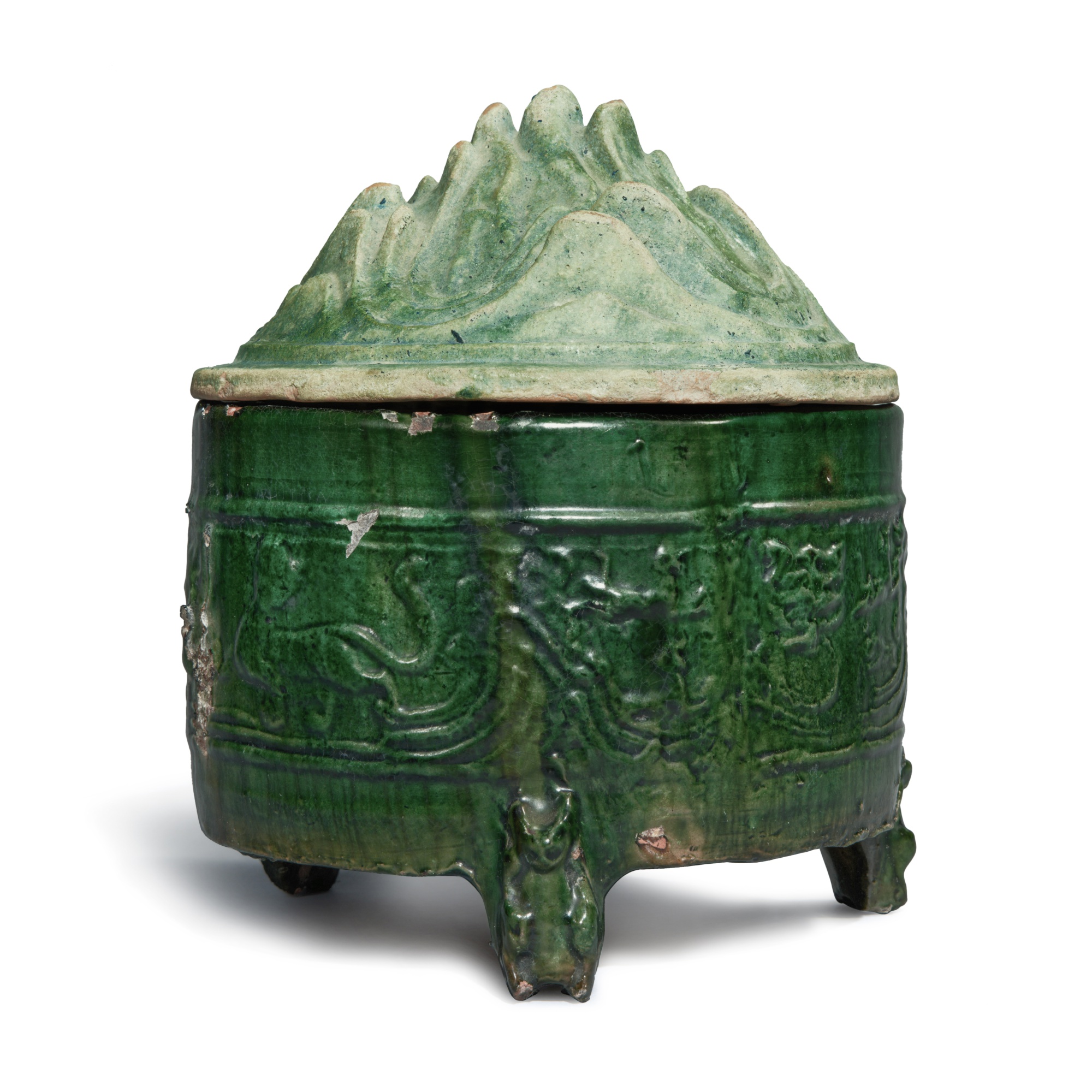 A green-glazed pottery tripod incense burner and a cover, Han dynasty ...