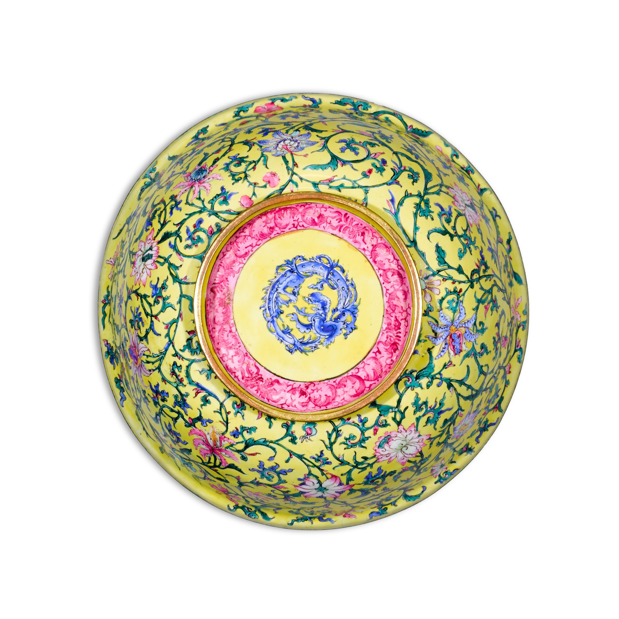 A Canton enamel yellow-ground 'floral' bowl and cover, Qing dynasty ...