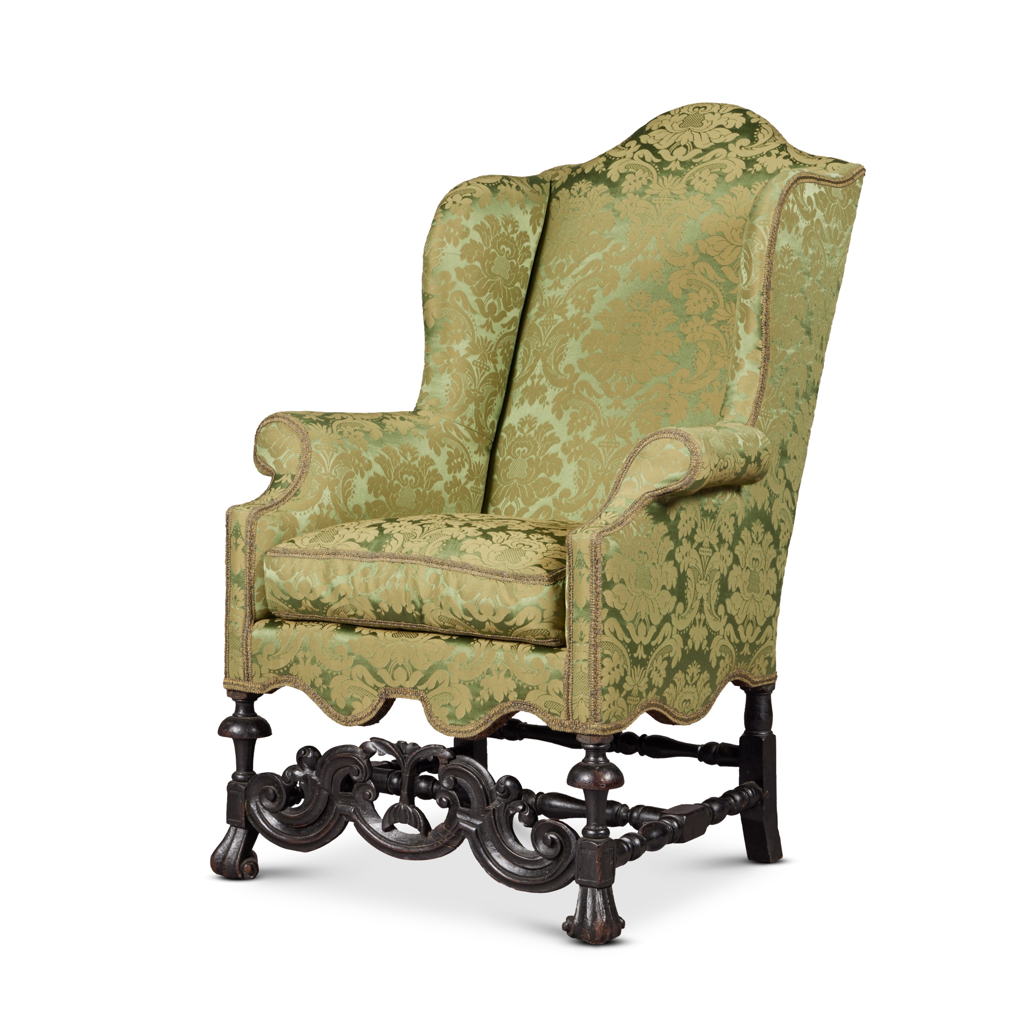 William and Mary Upholstered Stained Beechwood Wing Armchair, English ...