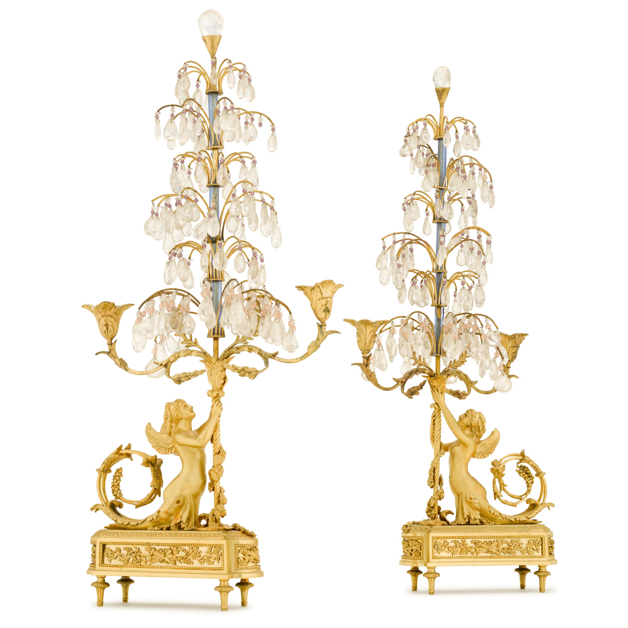 A pair of Louis XVI style gilt-bronze and glass two-light candelabra ...