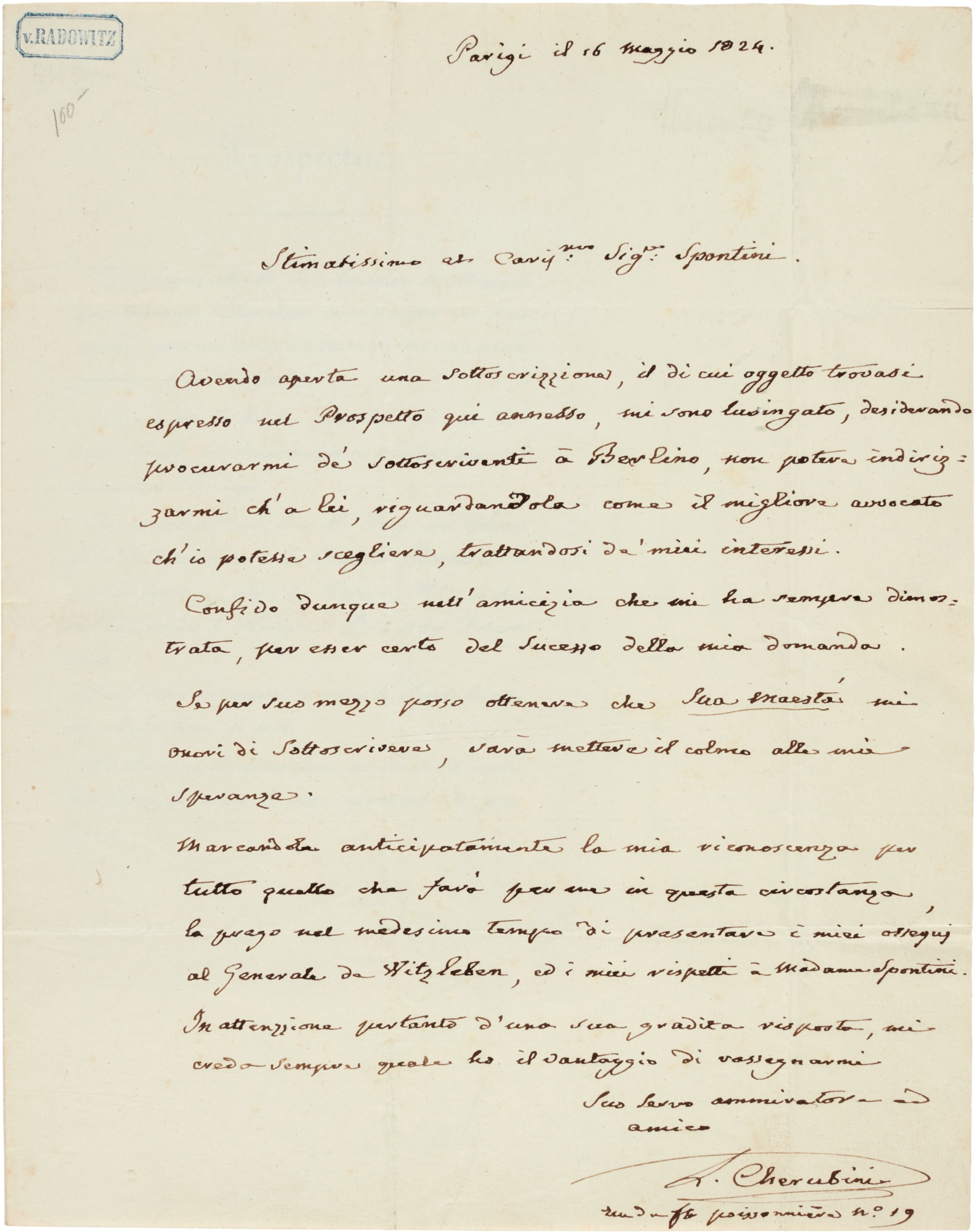 L. Cherubini. Autograph letter signed, to Spontini, 16 May 1824 | Music ...