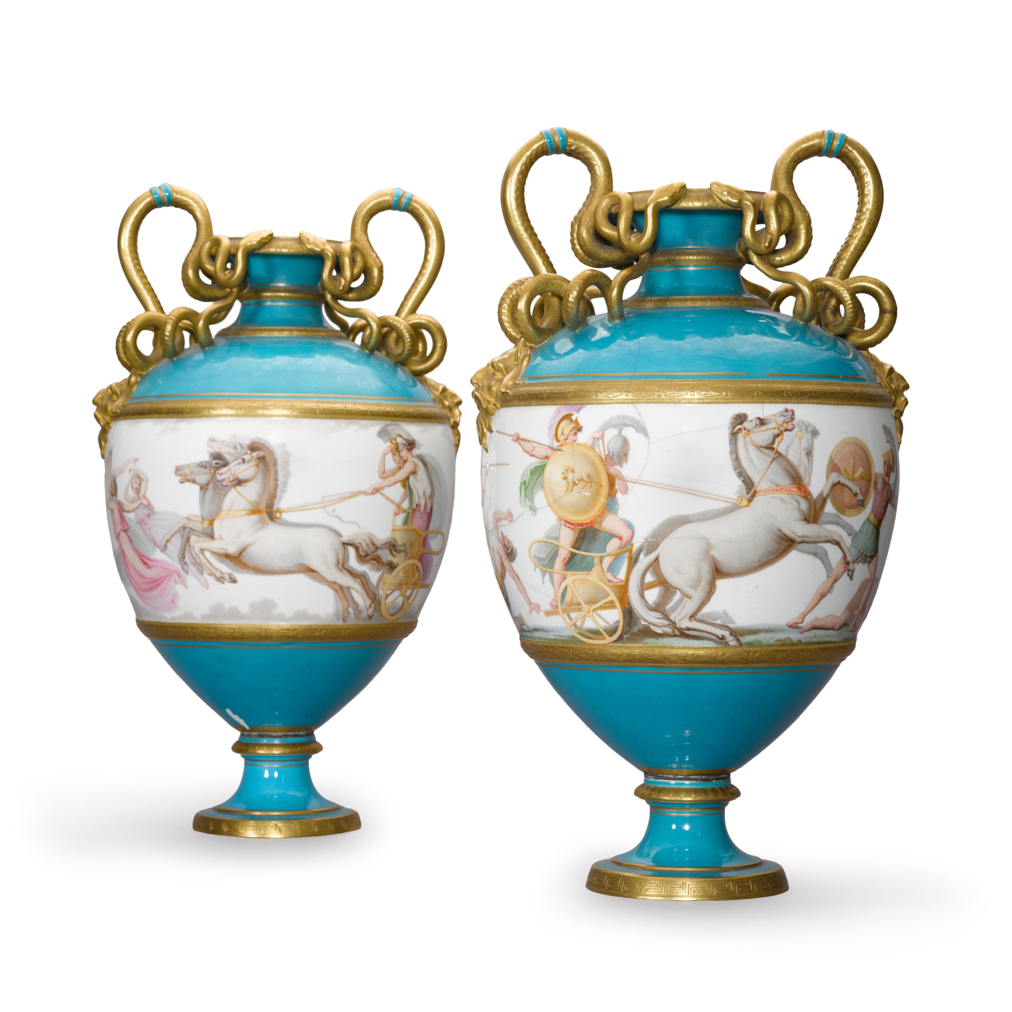 A pair of Minton turquoise ground porcelain ovoid vases, circa 1865 ...