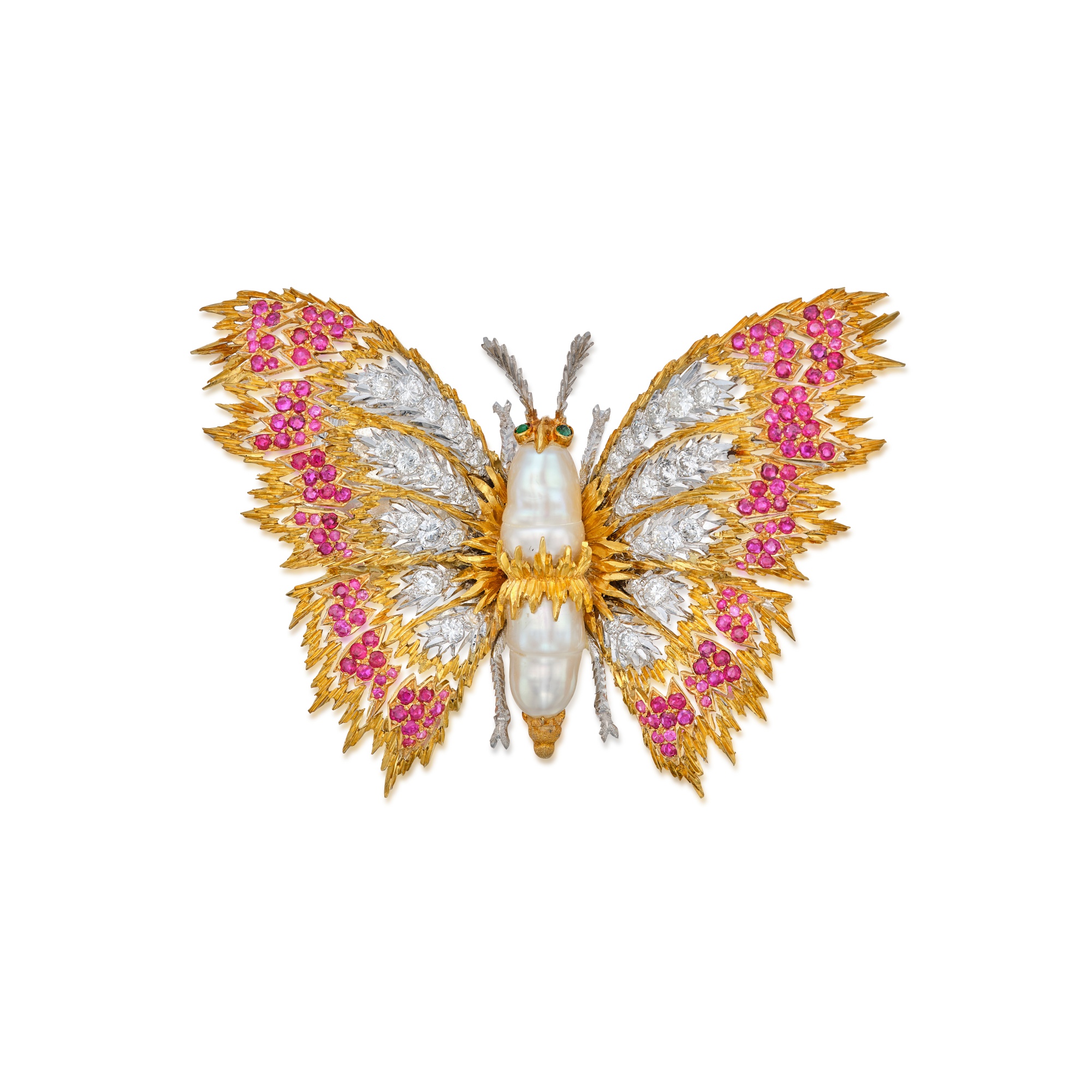 A Two-Colored Gold, Baroque Cultured Pearl, Ruby and Diamond Clip ...