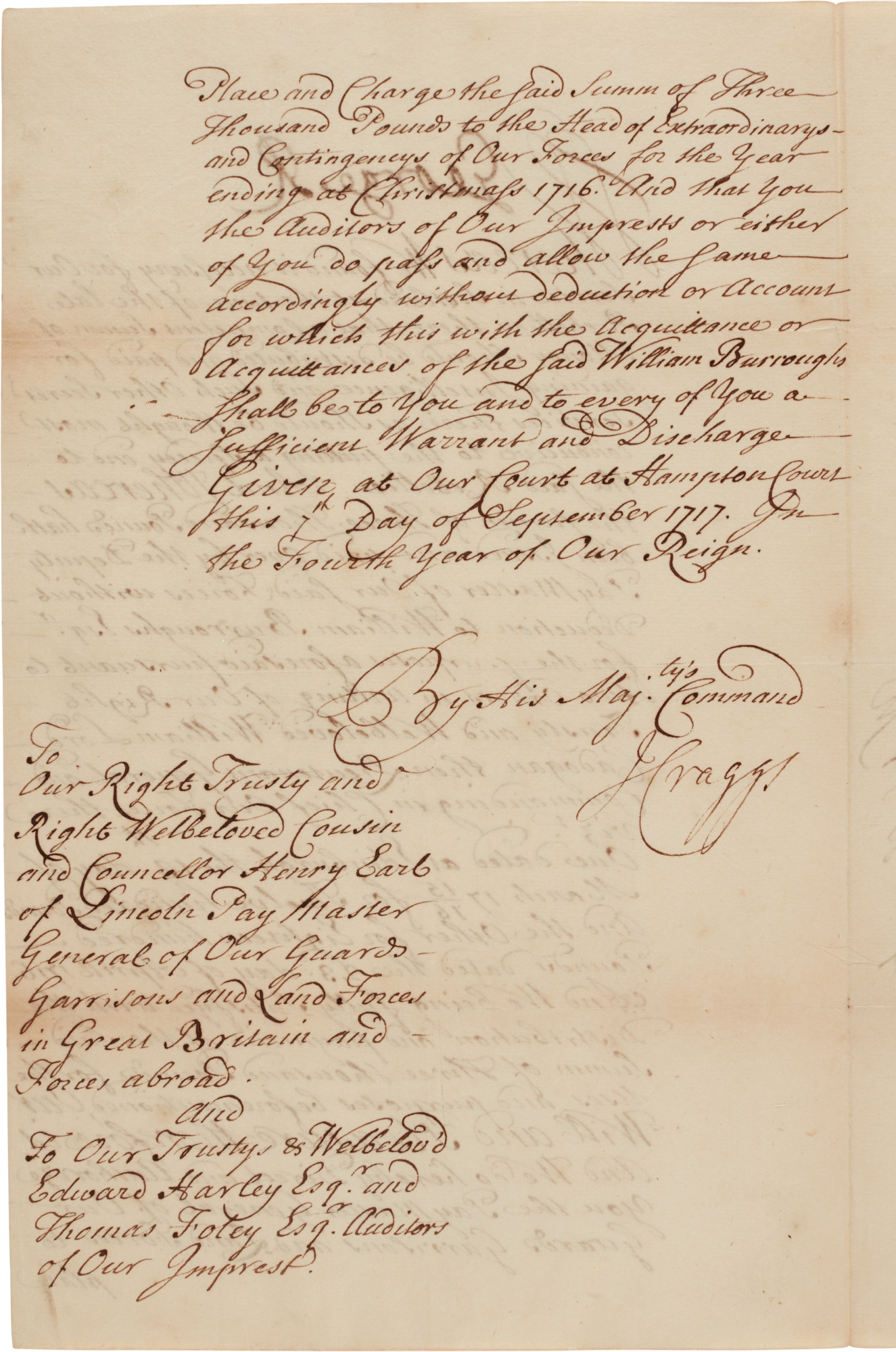 King George I | Document signed, ordering funds to William Burroughs ...