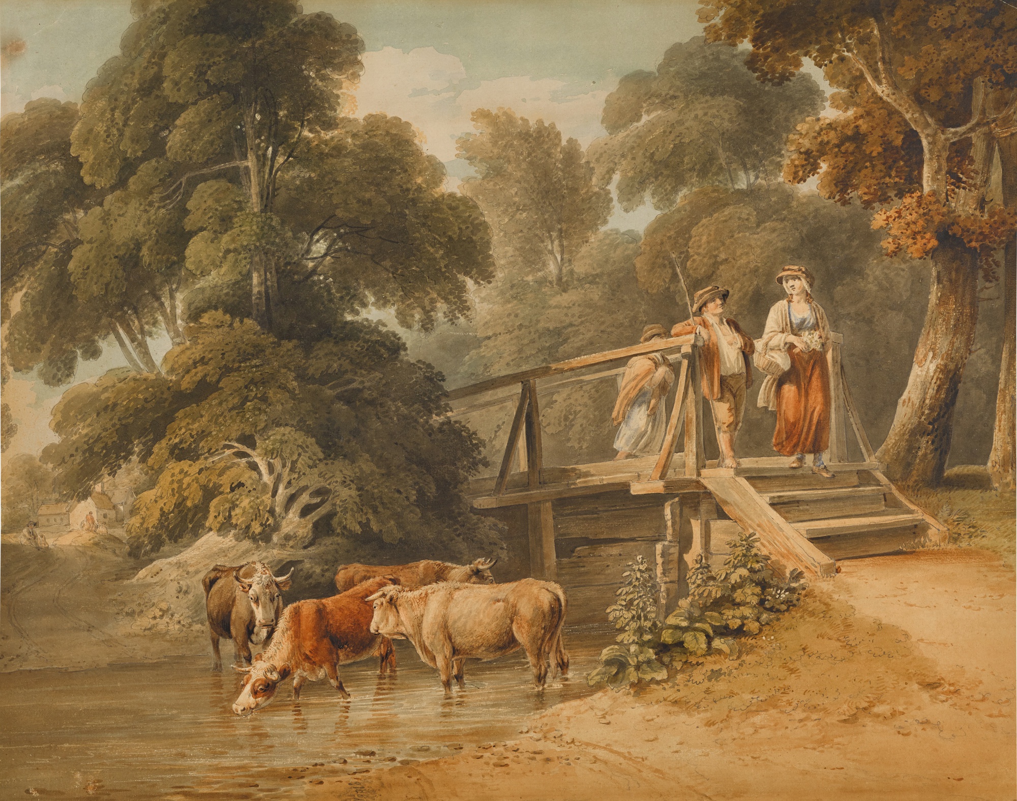 Figures on a footbridge, cattle in the river below | Old Master ...