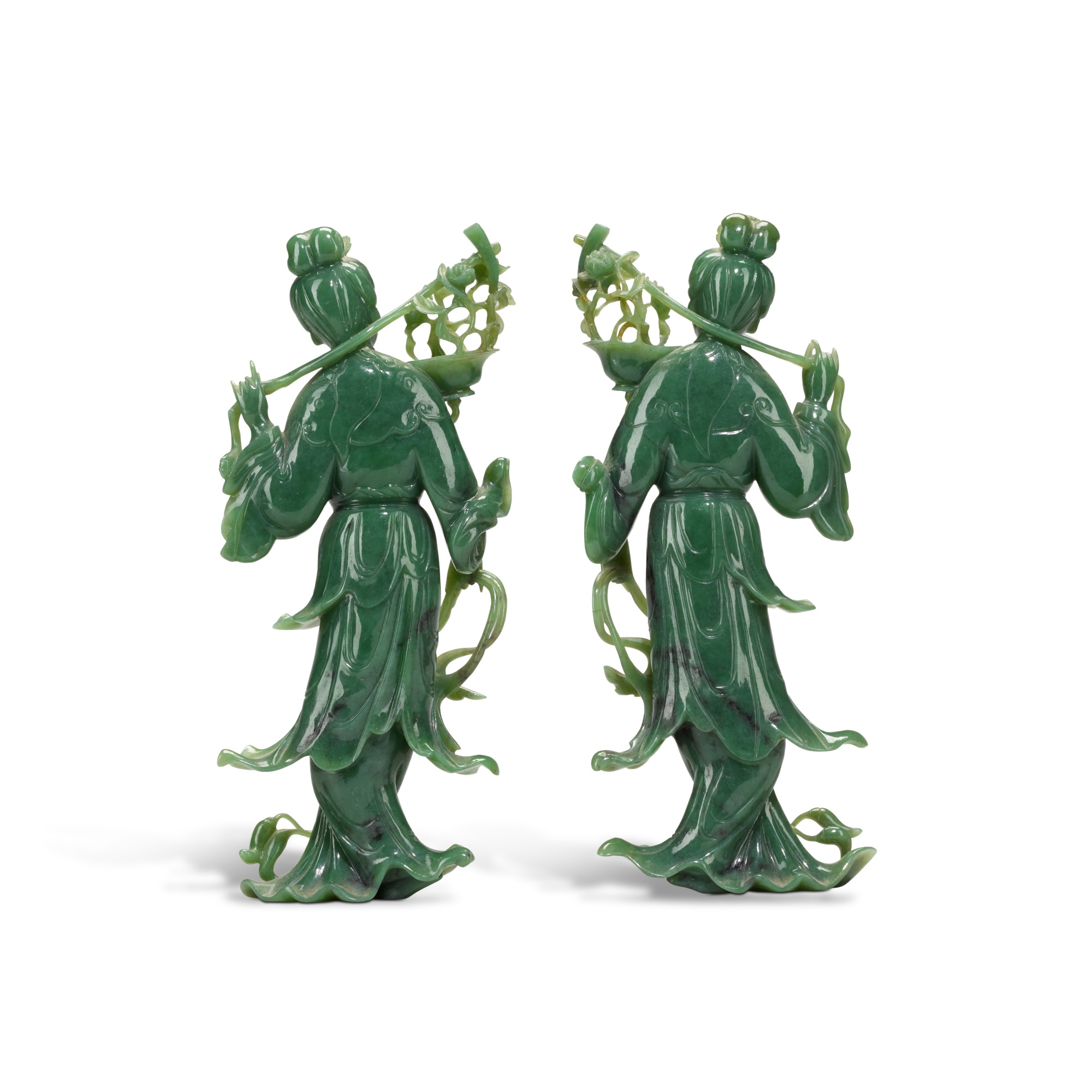 A pair of spinach-green jade figures of ladies, 19th/20th century | 十九 ...