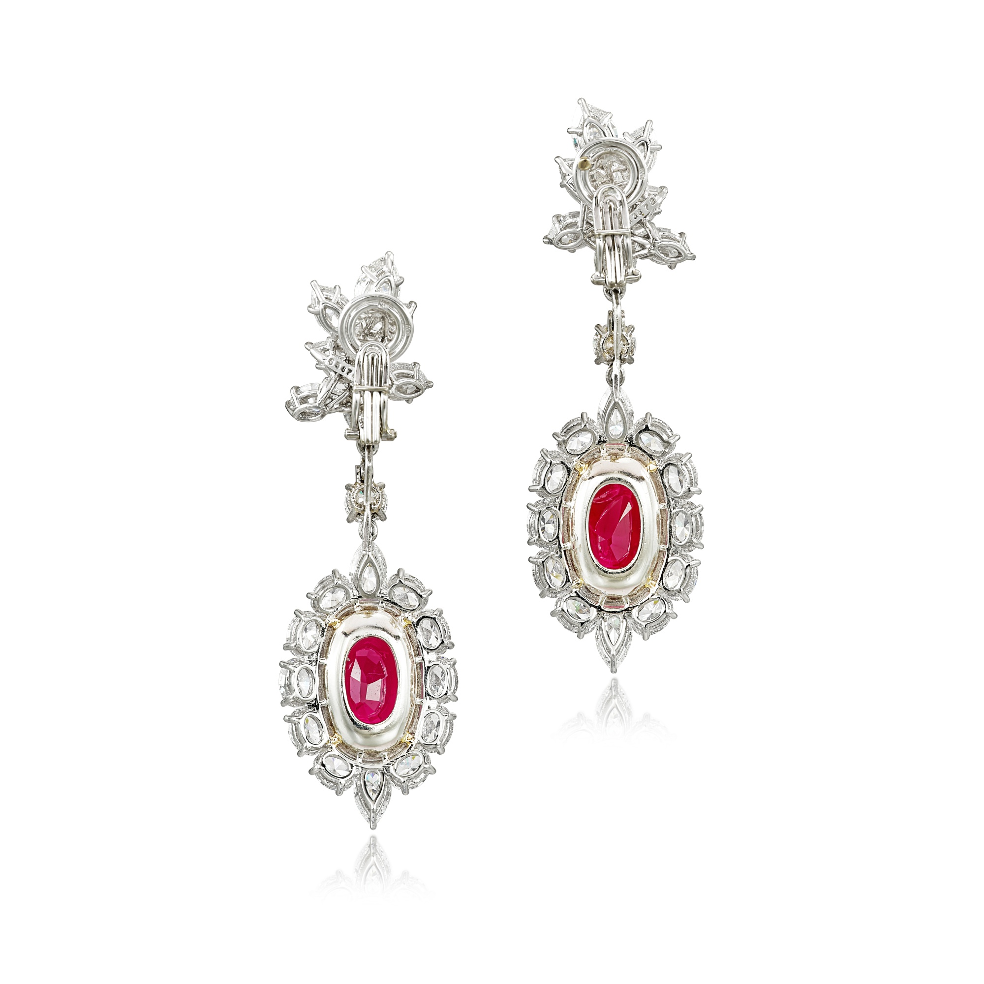 An Impressive Pair of Ruby and Diamond Pendent Earrings, Tops by Harry ...