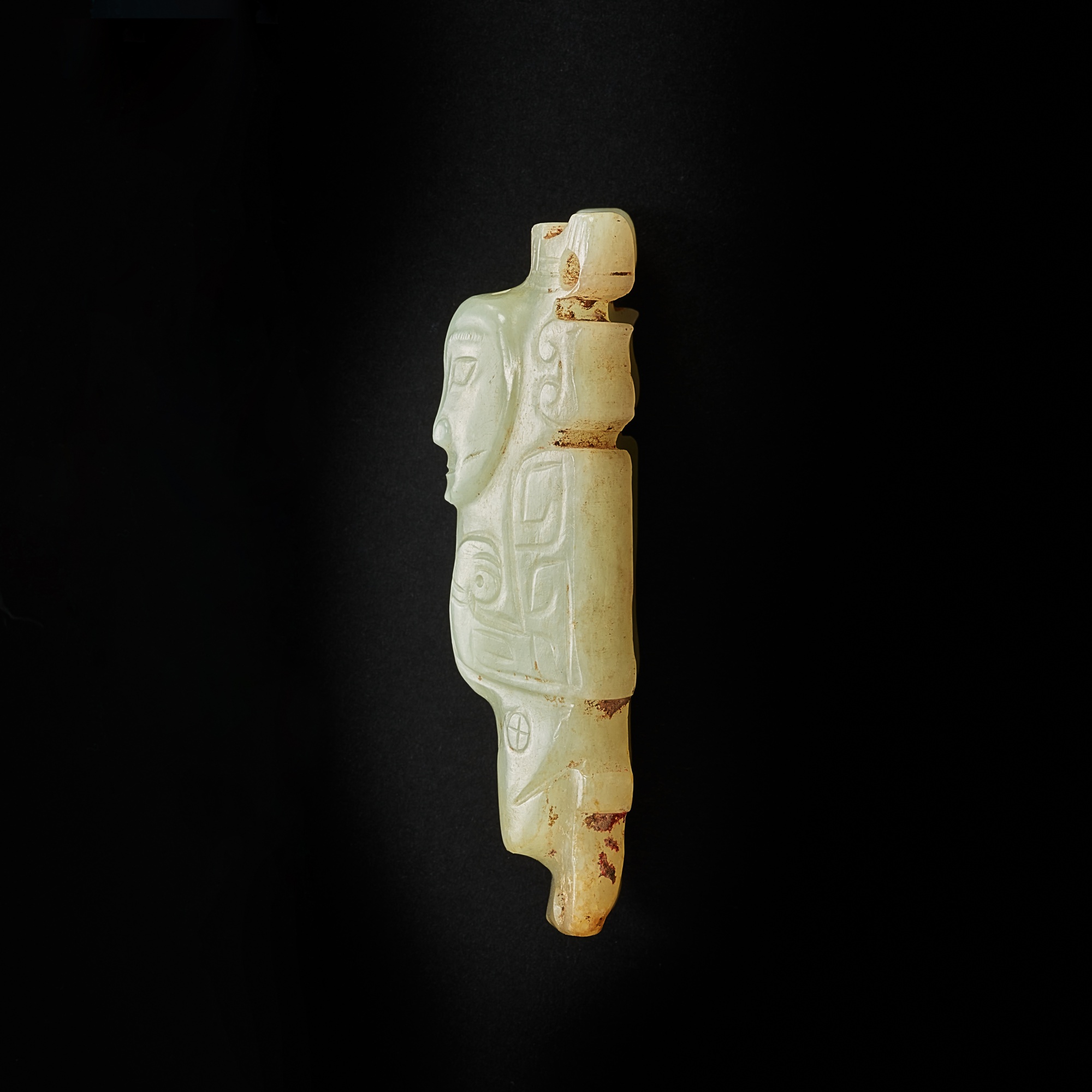 An extremely rare pale celadon jade 'kneeling human' ornament, Mid ...