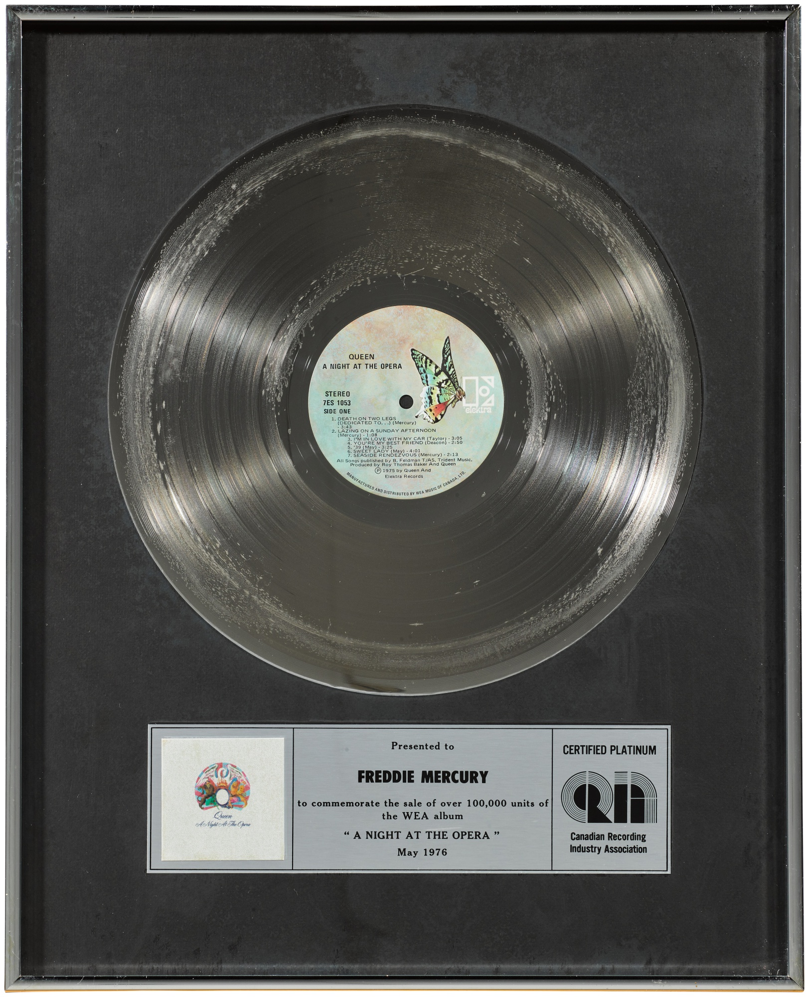 Queen – Freddie Mercury's CRIA sales award for A Night At The Opera ...