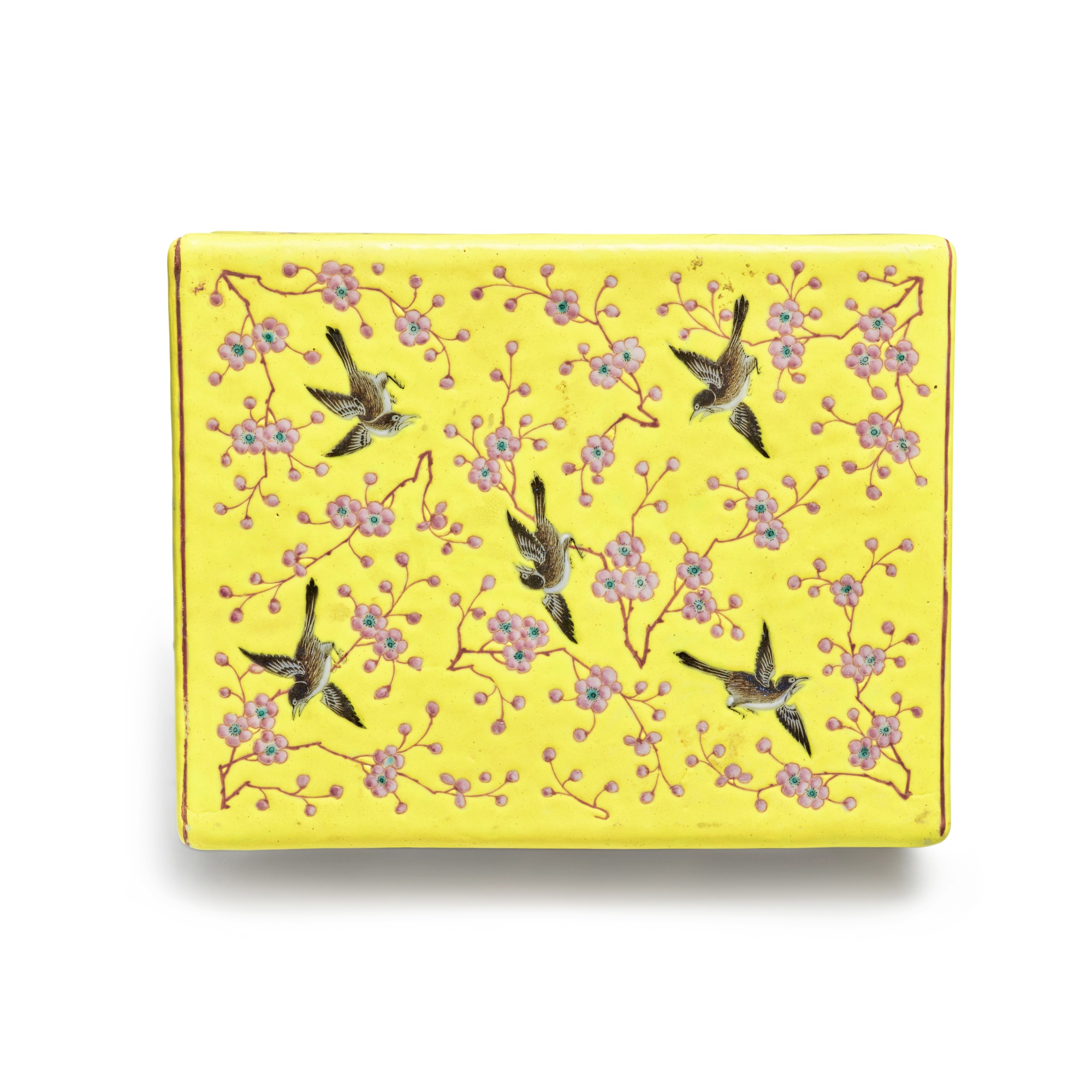 A rare yellow-ground famille-rose 'magpie and prunus' rectangular ...