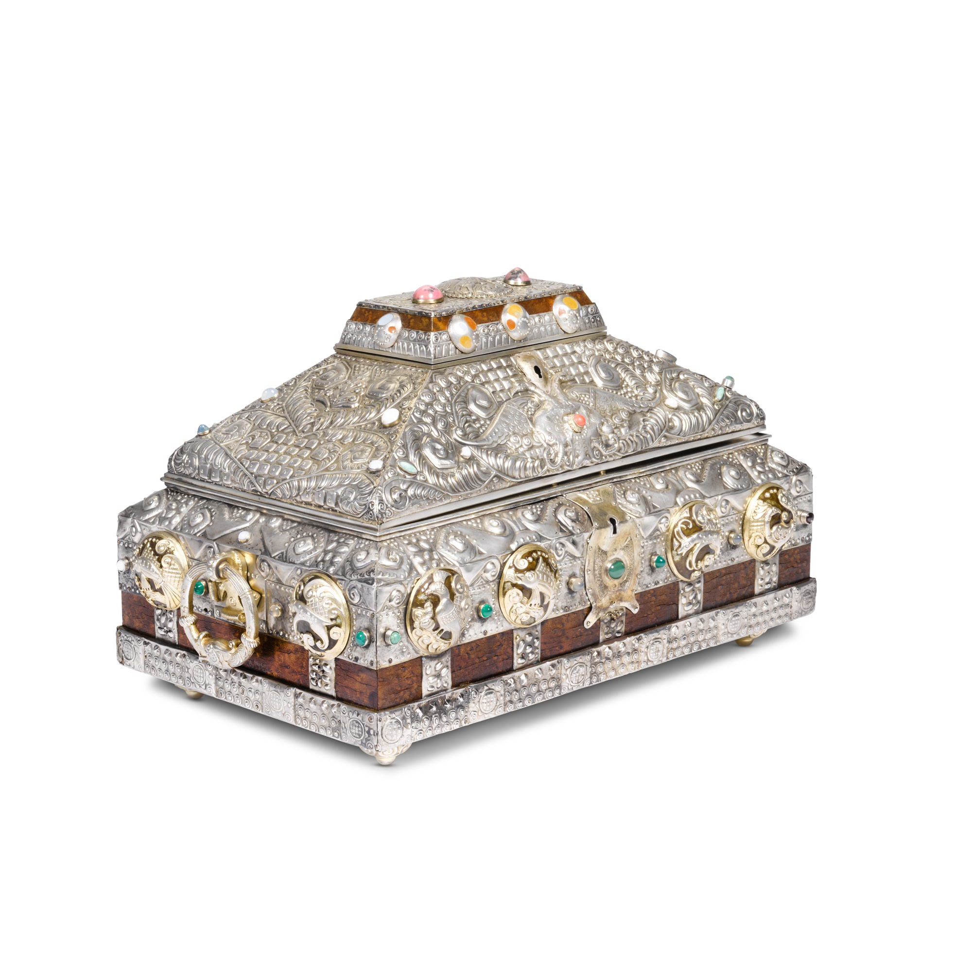 An impressive and large gem-set silver-mounted and enamel bird's-eye ...