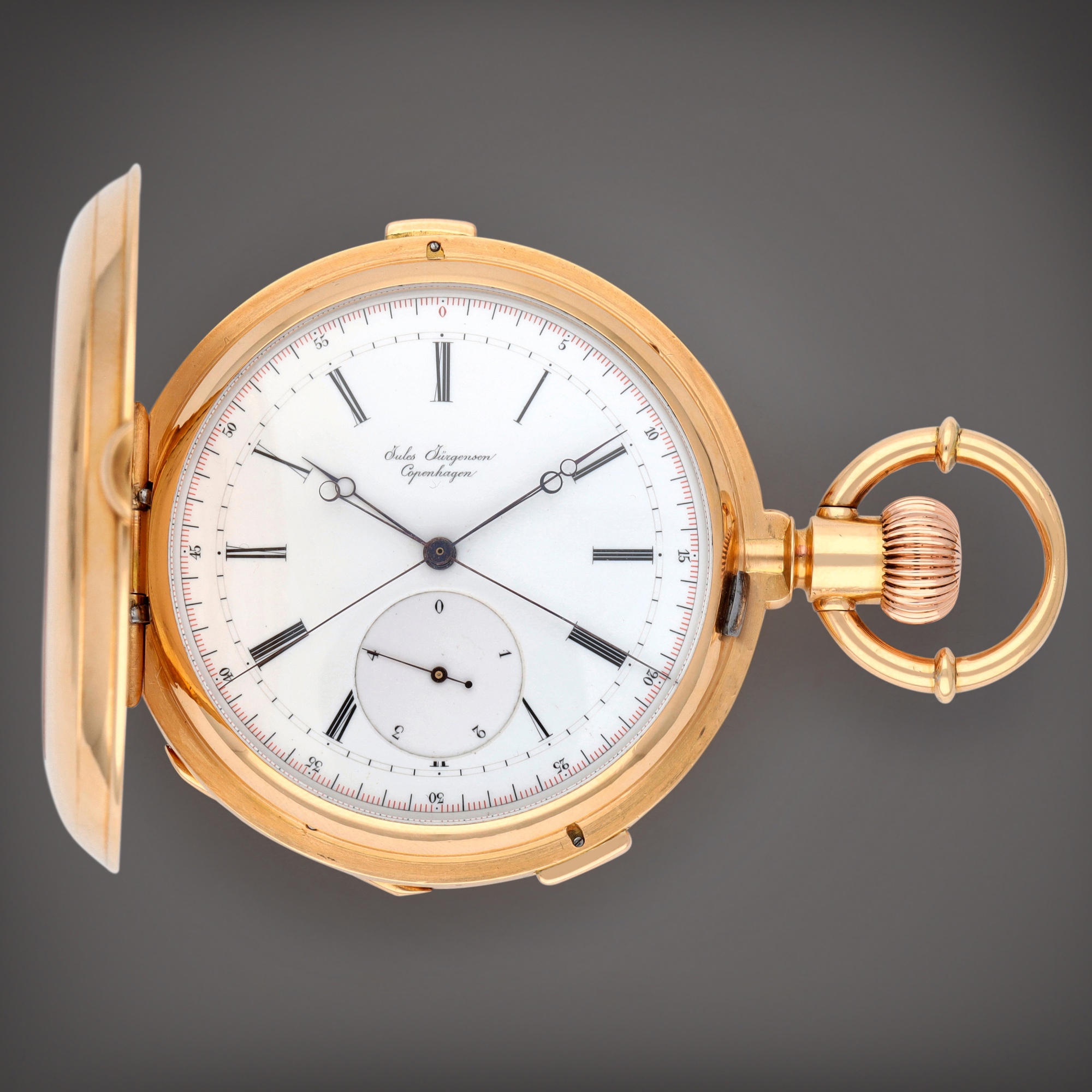 A yellow gold hunting cased split second chronograph watch with 1/5 sub ...