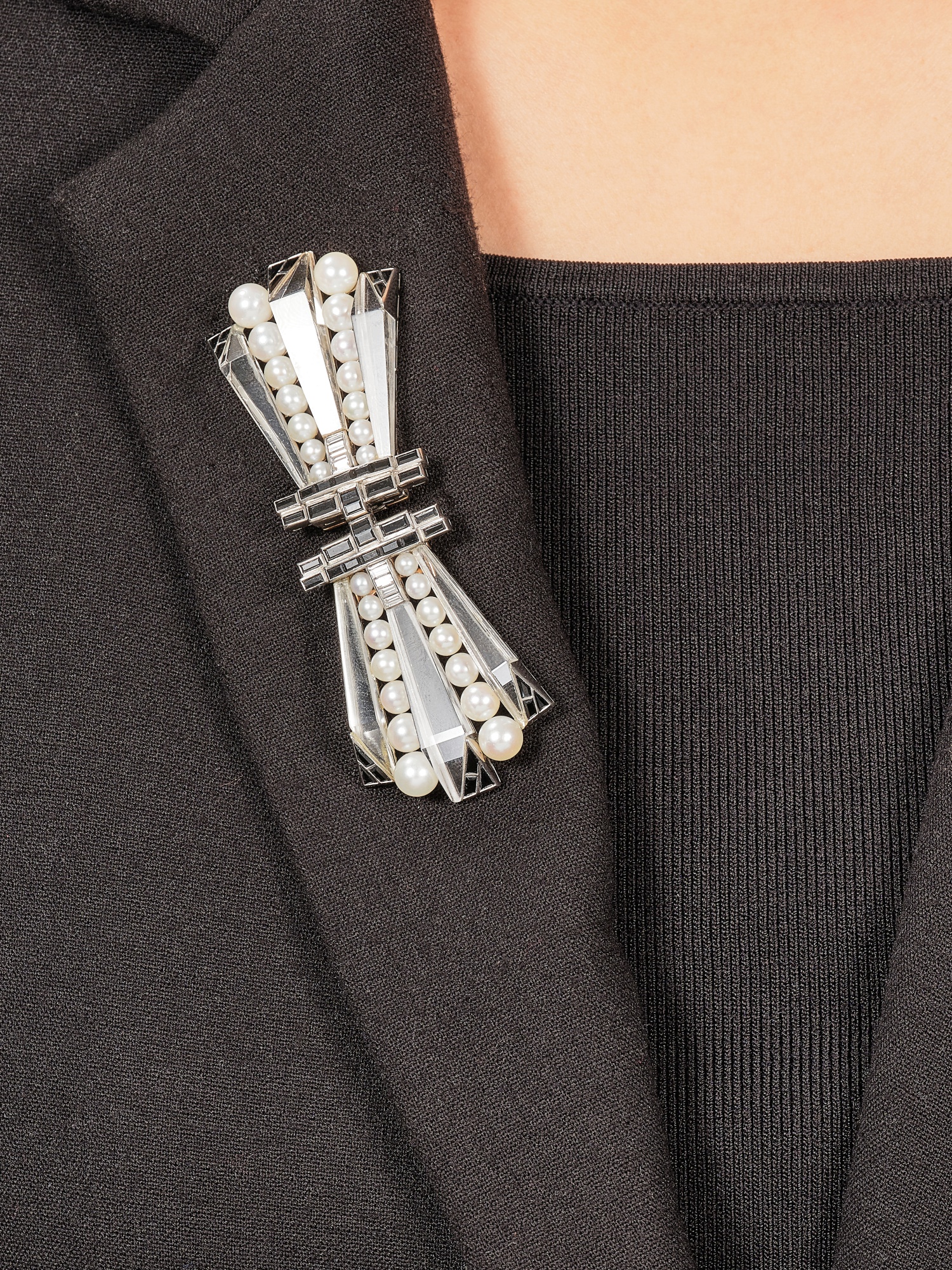 Pair of Art Deco Pearl, Onyx, Rock Crystal and Diamond Double Clip ...